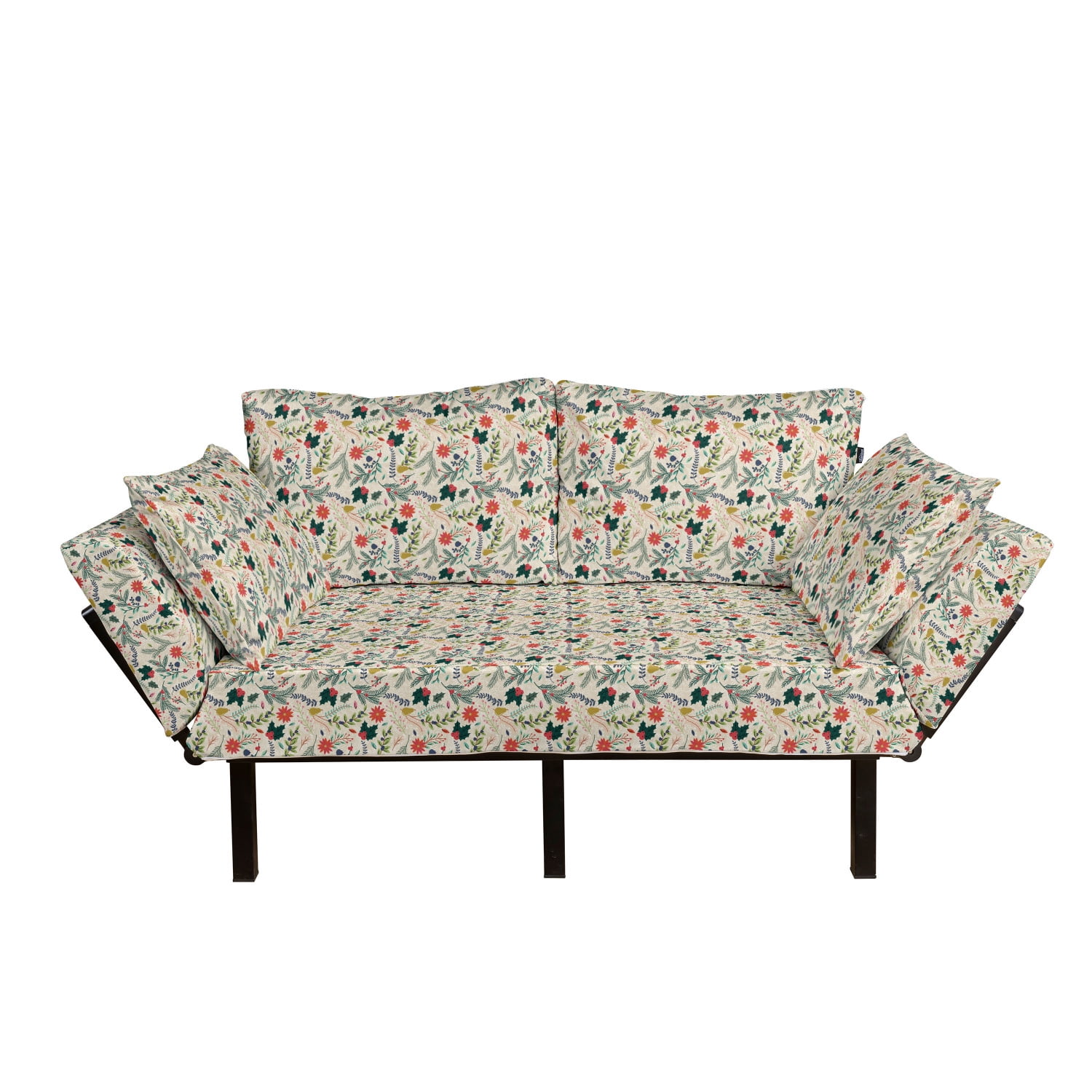 Leaves Futon Couch, Christmas Themed Foliage Motifs with Holly Berries ...