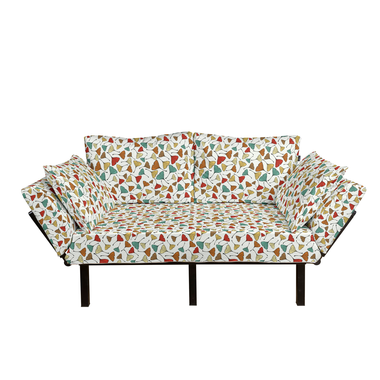 Leaves Futon Couch, Sketch Art Style Ginkgo Biloba Leaf Pattern in ...