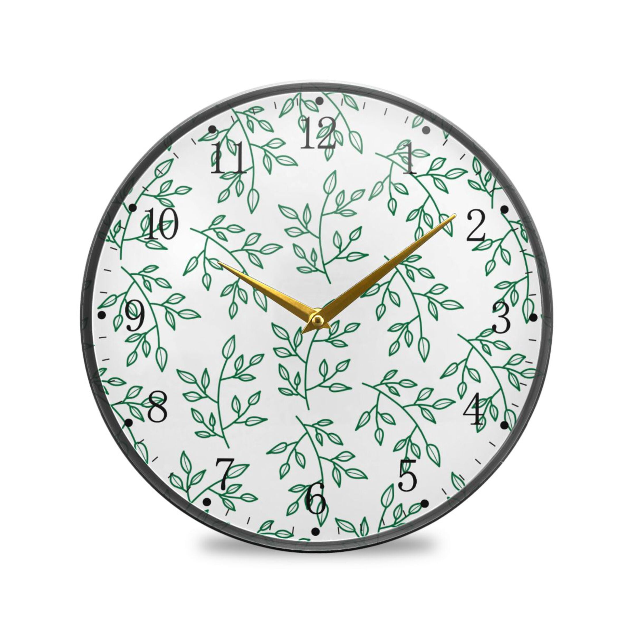 Leaves Green Acrylic Wall Clocks Quiet Round Clock Battery Operated Non-Ticking Clock for ...