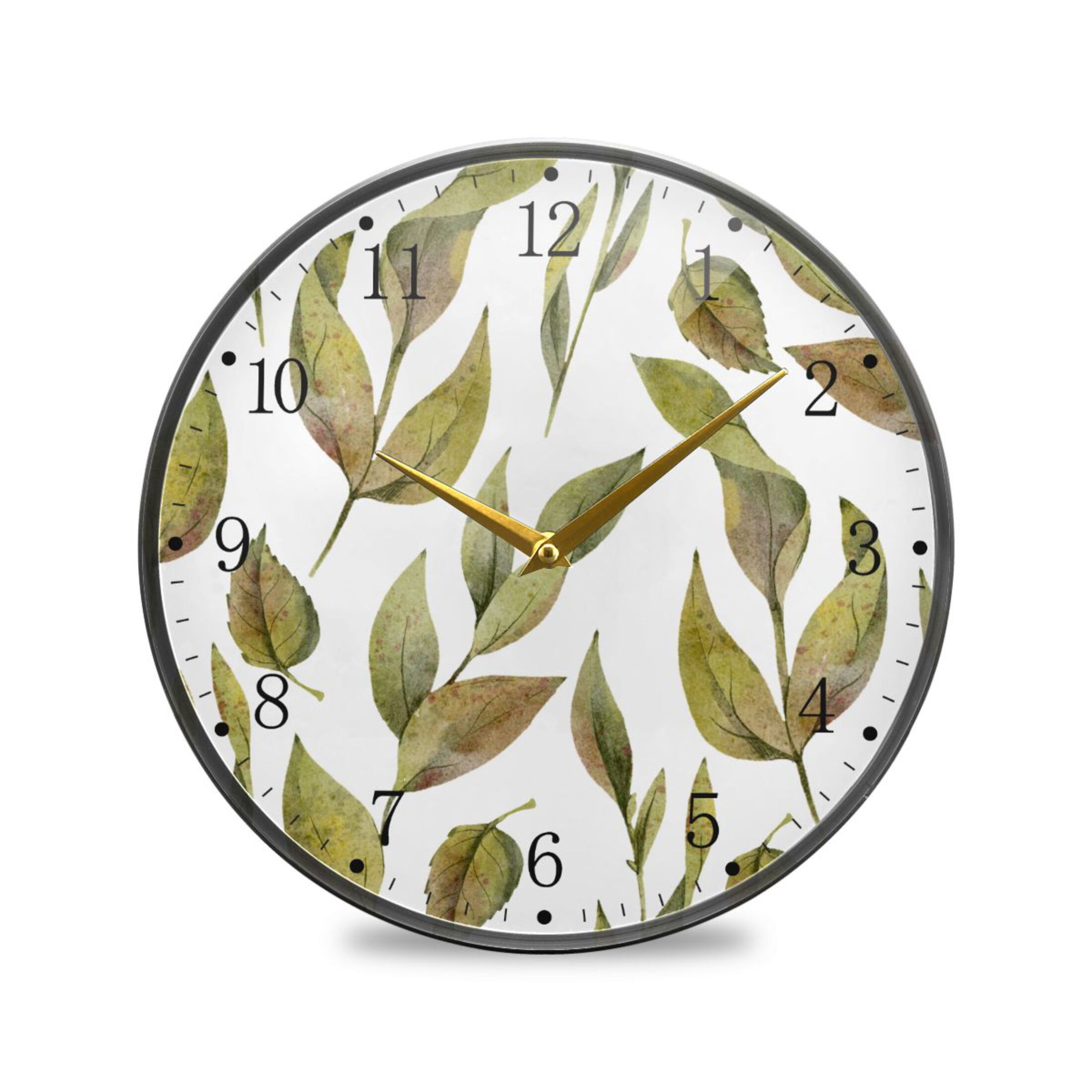 Leaves Green Acrylic Wall Clocks Quiet Round Clock Battery Operated Non ...
