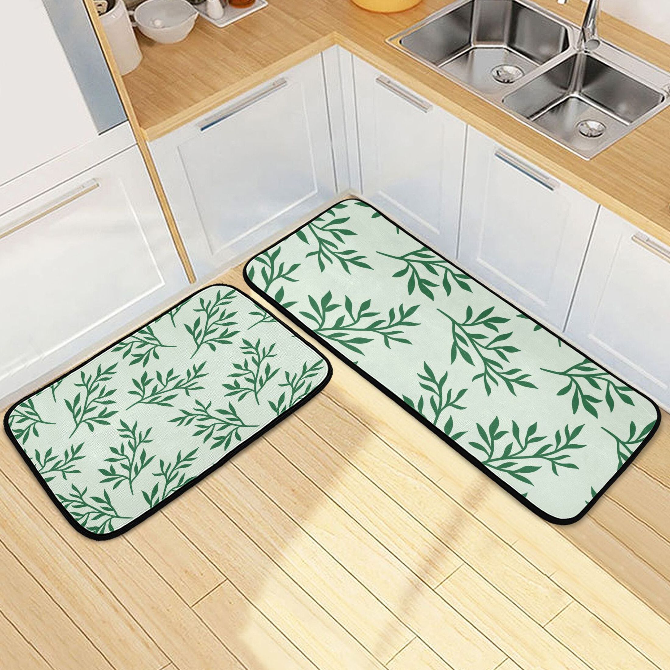 Leaves Green Kitchen Mats Set 2 Piece Non Slip Floor Foam Rugs ...