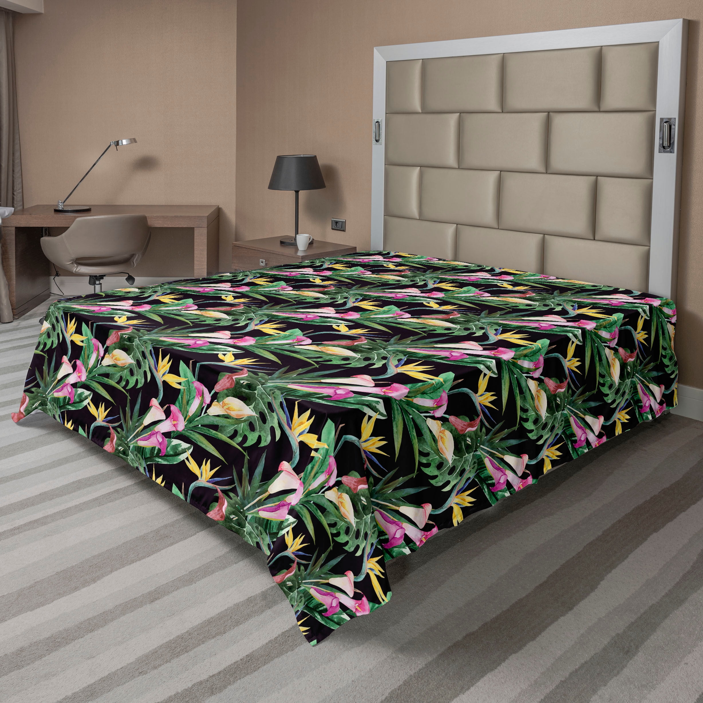 Leaves Greenery Flat Sheet, Dreamy Jungle Boho with Tropical Flower and ...