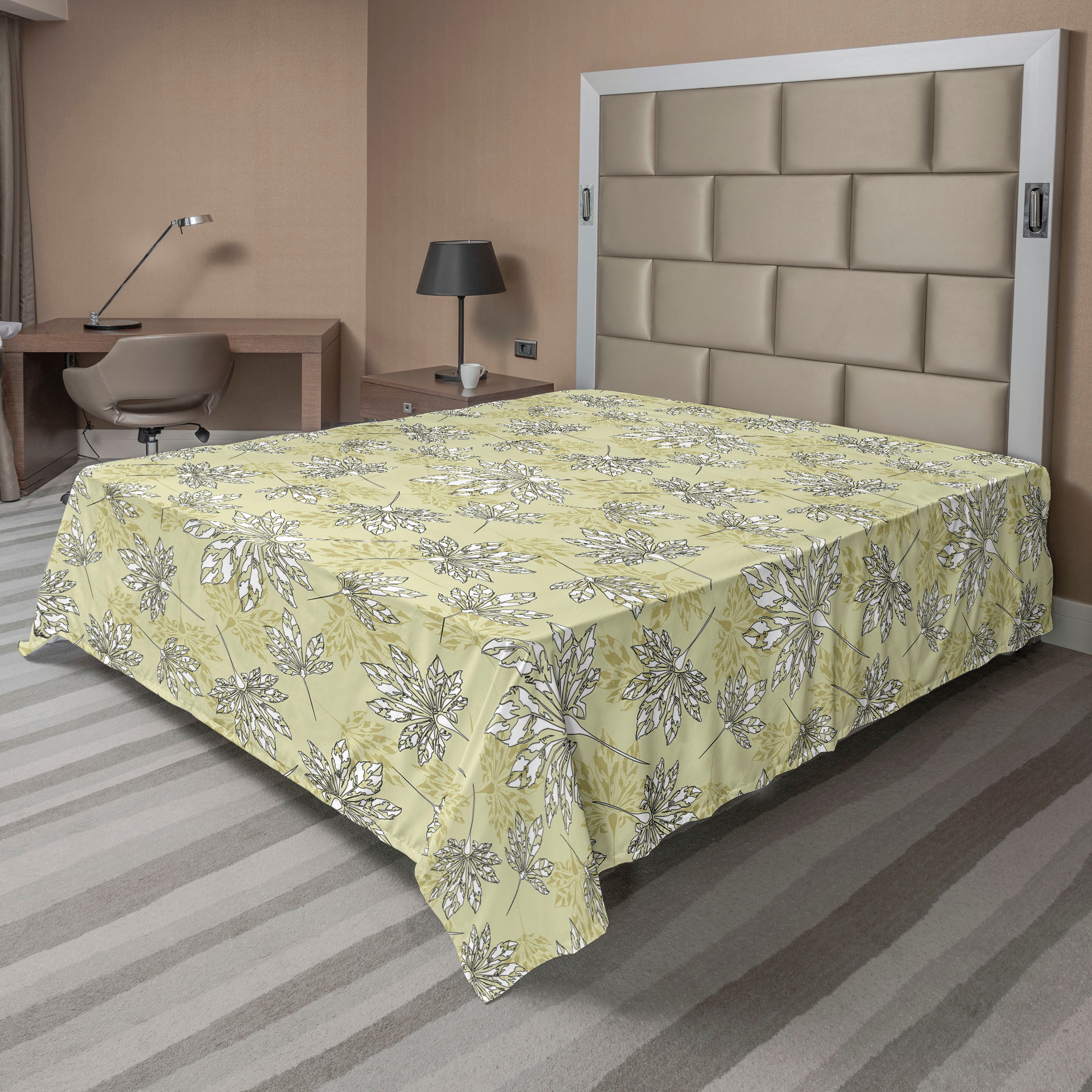 Leaves Greenery Flat Sheet, Line Style Drawn Minimalist Leaf Pattern ...
