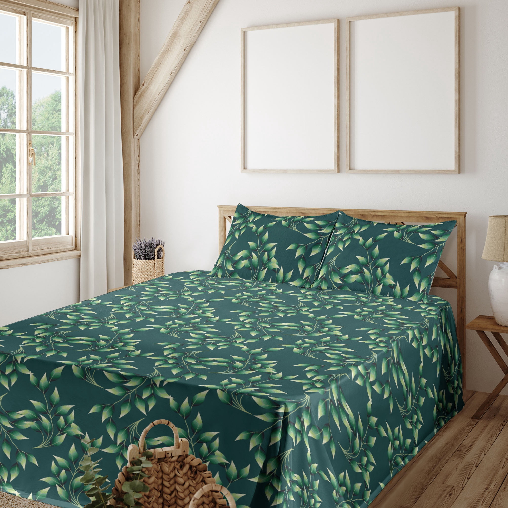 Ambesonne Leaves Greenery Fitted & Flat Sheet with Sham 3 Pcs Set ...