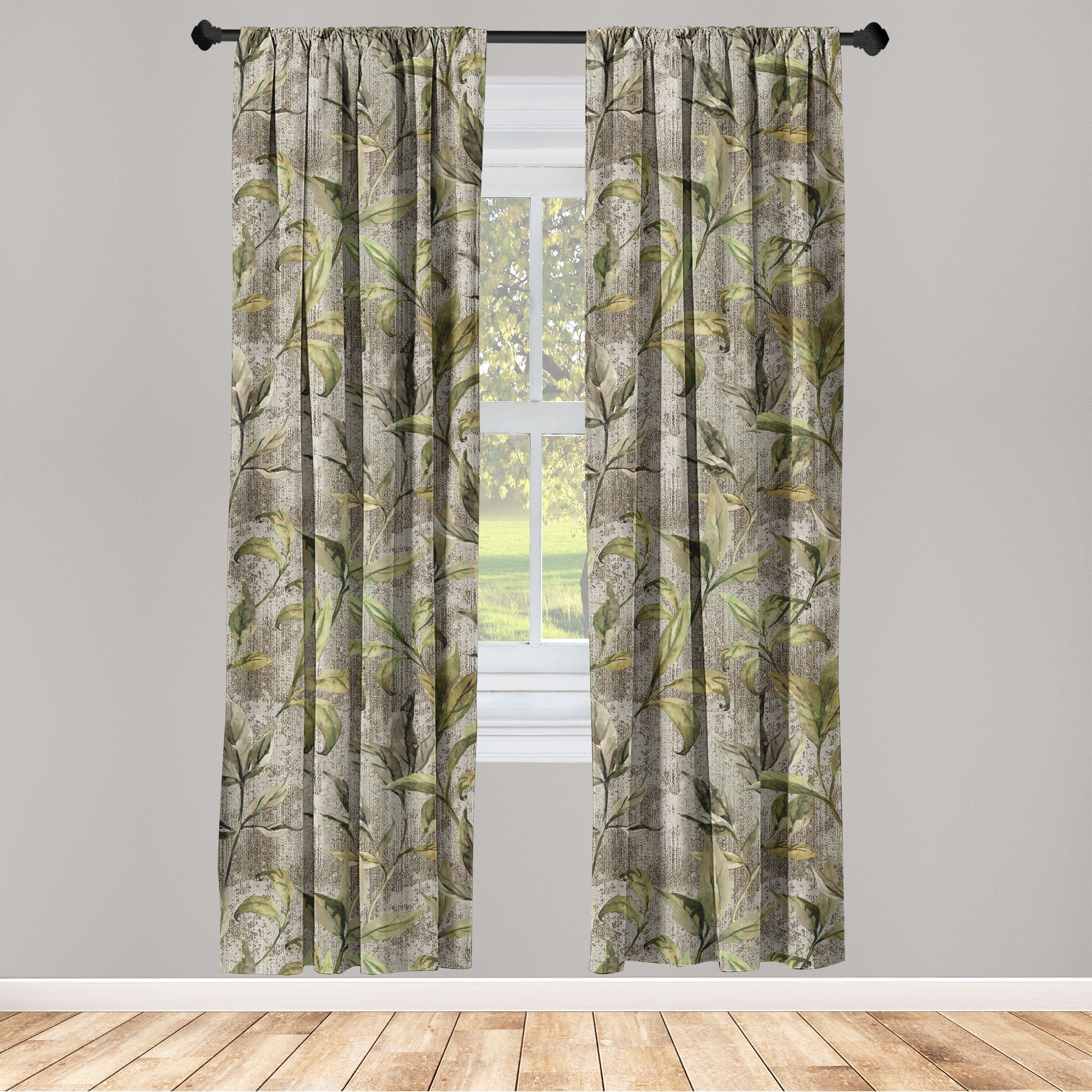 Leaves Greenery Window Curtains, Tropical Leaf Pattern with Neutral ...