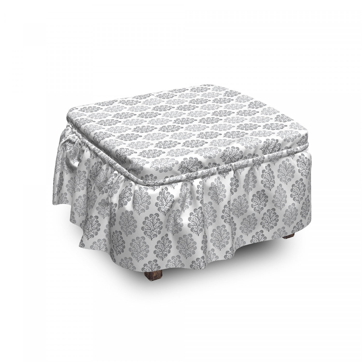 Leaves Ottoman Cover, Greyscale Foliage Design, 2 Piece Slipcover Set ...