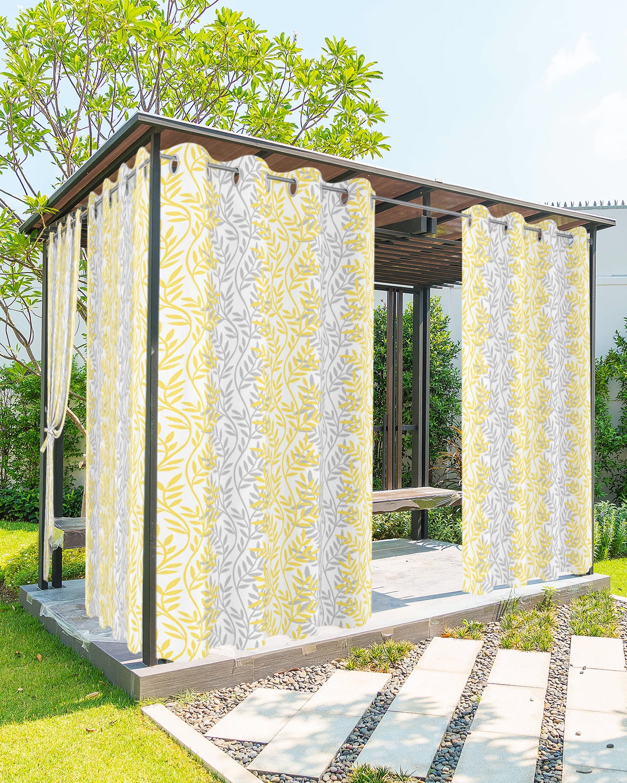 Leaves Outdoor Curtains for Patio Waterproof, Yellow Grey Fall Winter ...