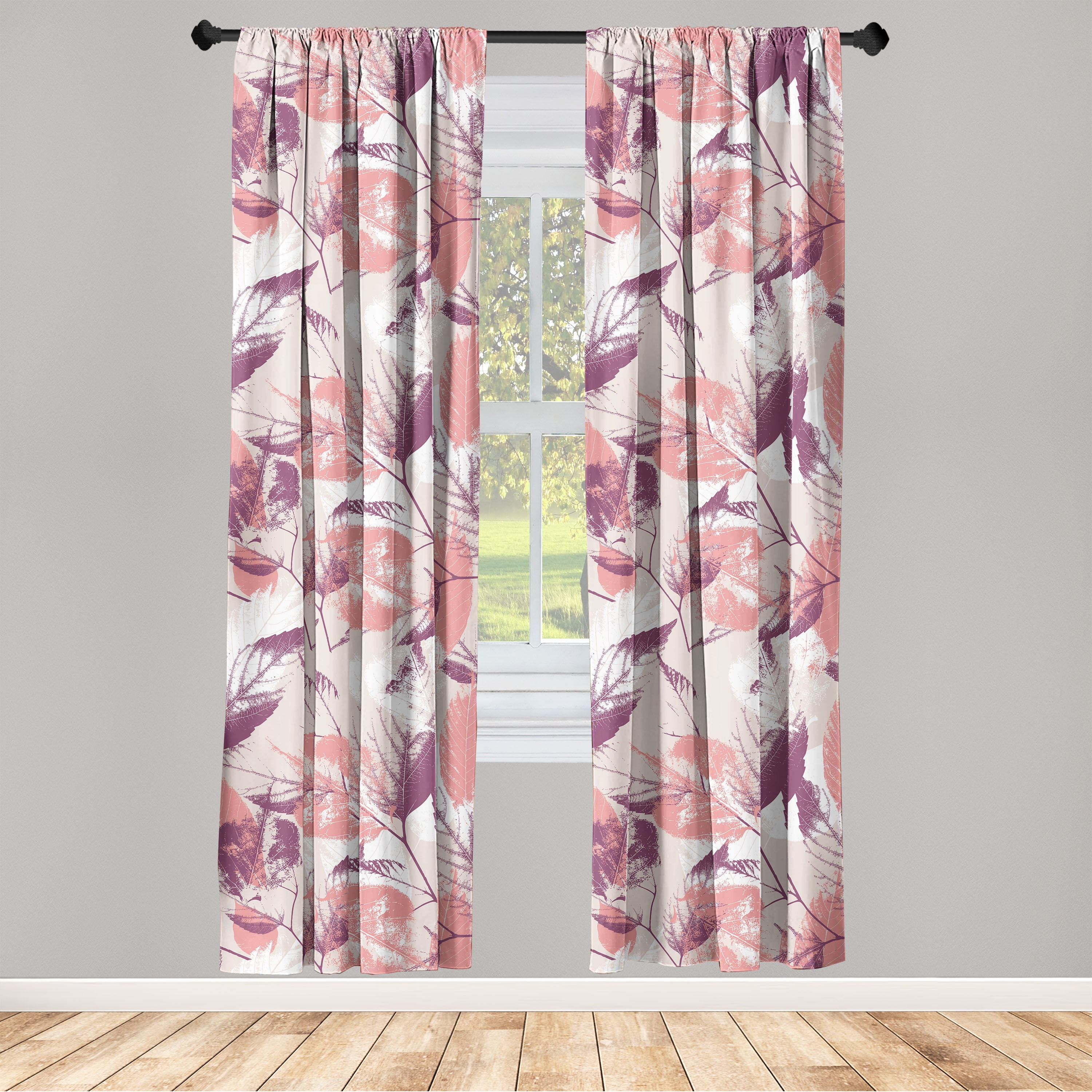 Leaves Pattern Window Curtains, Grunge Ornamented Leafy Artwork with ...
