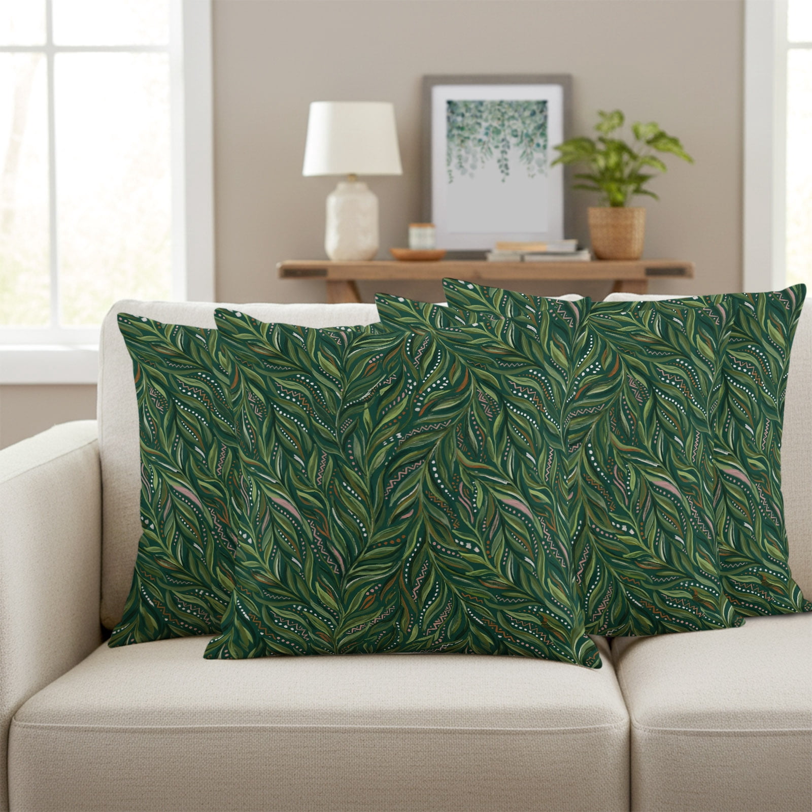 Leaves Pillow Covers Set of 4, Spring Abstract Green Pink Lines Leaves ...