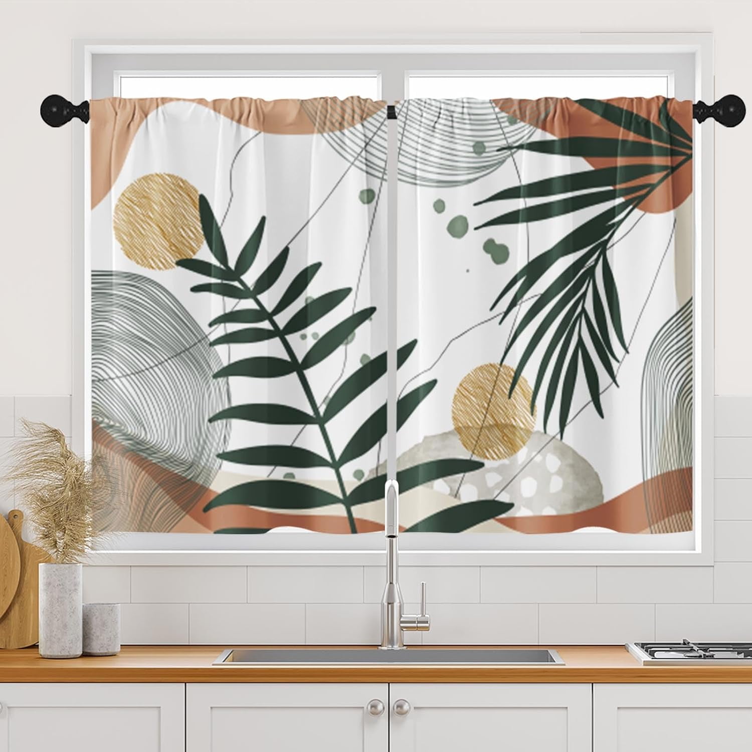 Leaves Plants Boho Kitchen Curtains, Bohemian Mid Century Short Window ...