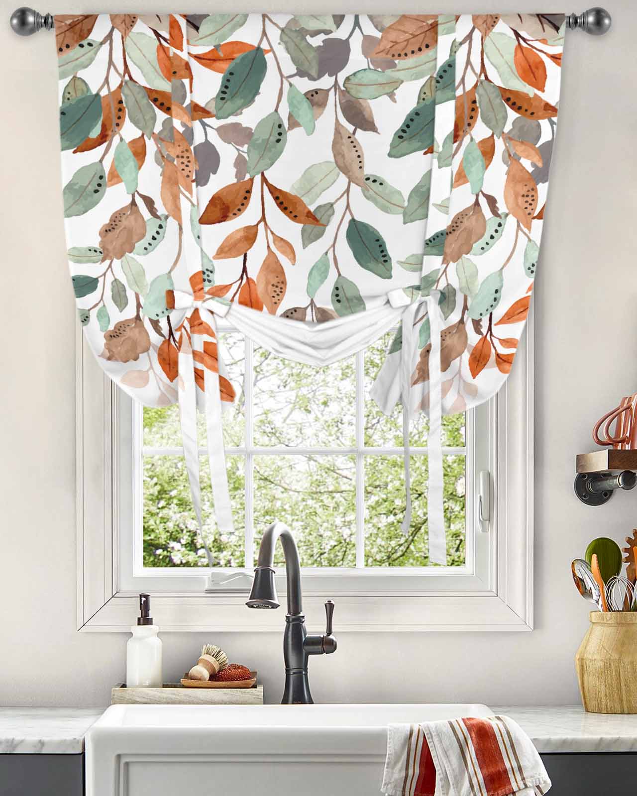 Leaves Plants Pastoral Style Window Curtain for Living Room Kitchen Tie ...