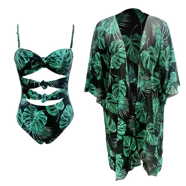Leaves Print One Piece Swimwear With Cover Up Black Swimsuits Woman