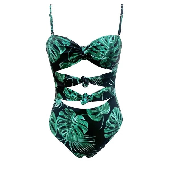 Leaves Print One Piece Swimwear With Cover Up Black Swimsuits Woman