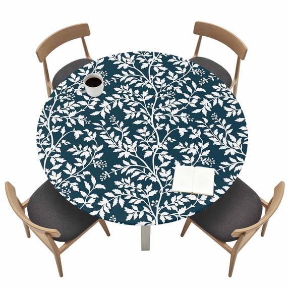 Leaves Round Fitted Tablecloth with Elastic Edge White Floral Leaf ...