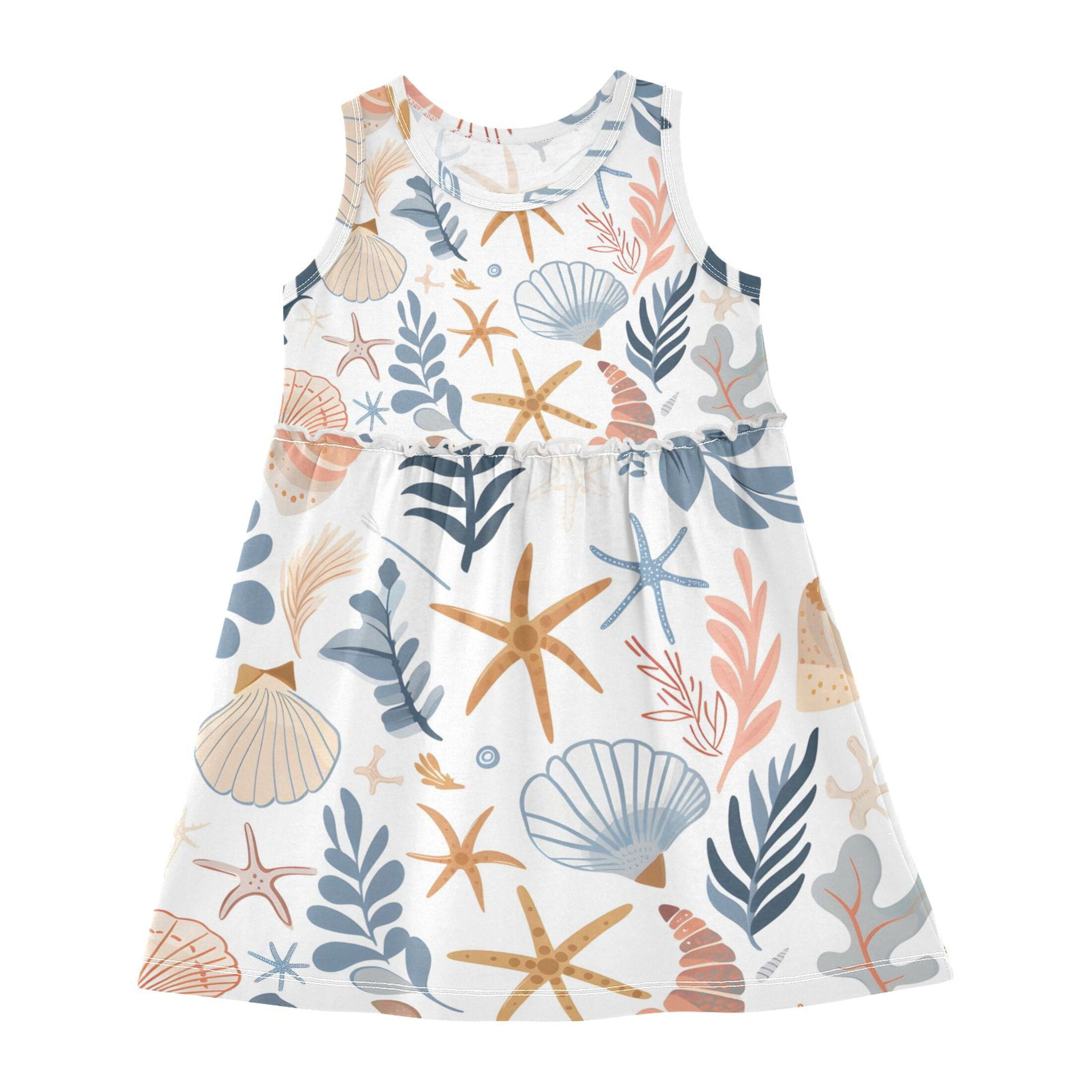 Leaves Seastars Shells Girls' Sleeveless Dress A-Line One-Piece Dress ...