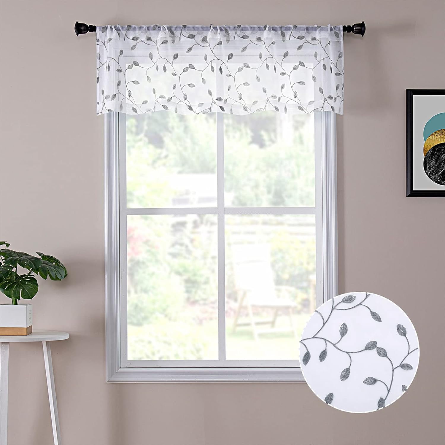 Leaves Sheer Valance Curtains Grey Leaf Embroidery Bedroom Curtain Rod ...