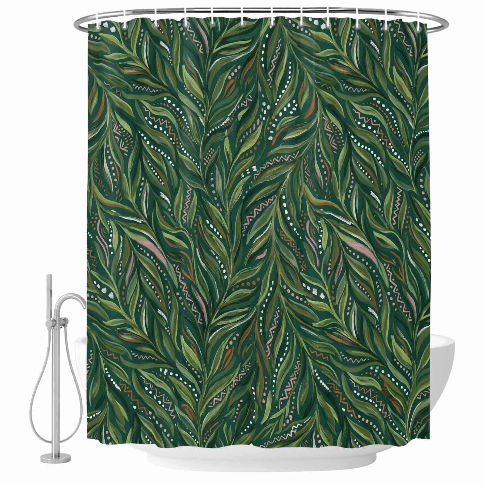 Leaves Shower Curtain, 72" x 84", Spring Abstract Green Pink Lines ...