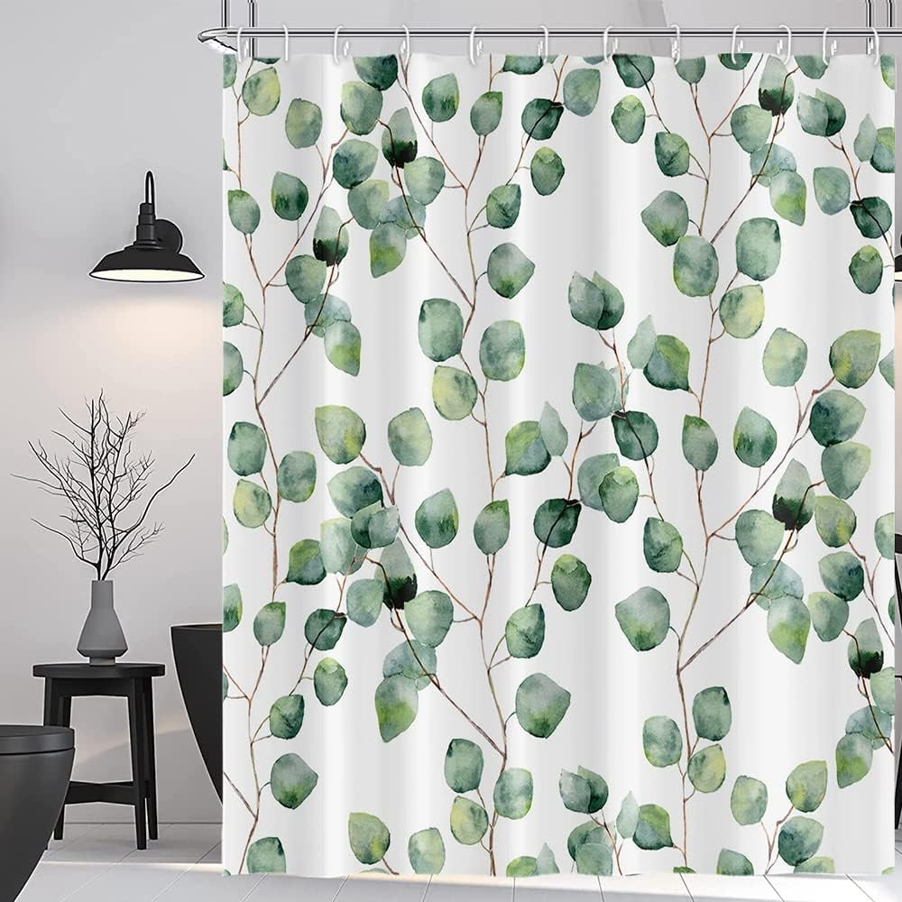 Leaves Shower Curtain Set With Hooks Watercolor Green Round Eucalyptus