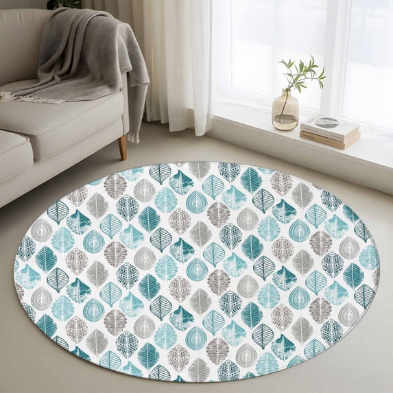 Leaves Specimens Round Rugs for Living Room 3ft Teal Green Grey White ...