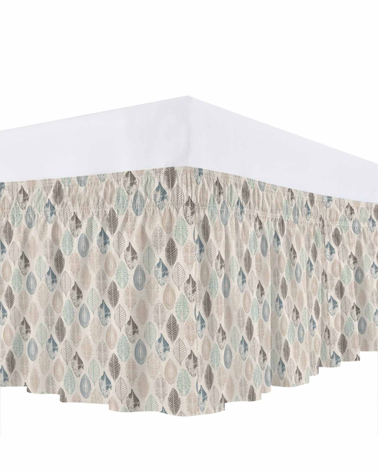 Leaves Specimens Ruffle Bed Skirt King Size Blue Khaki Teal Grey Burlap ...