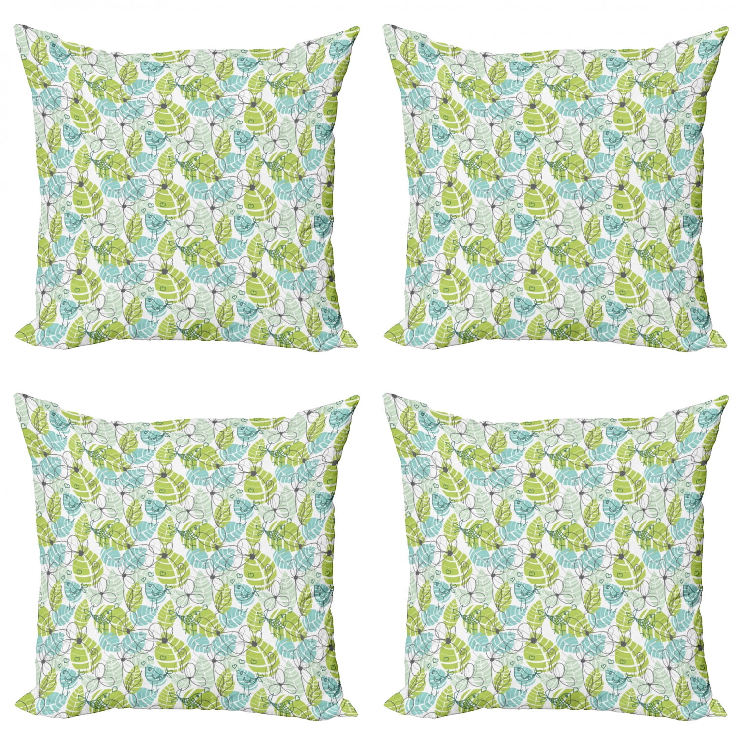 Ambesonne Leaves Throw Pillow Cover 4 Pack, Ornate Doodle Birds, 16 ...
