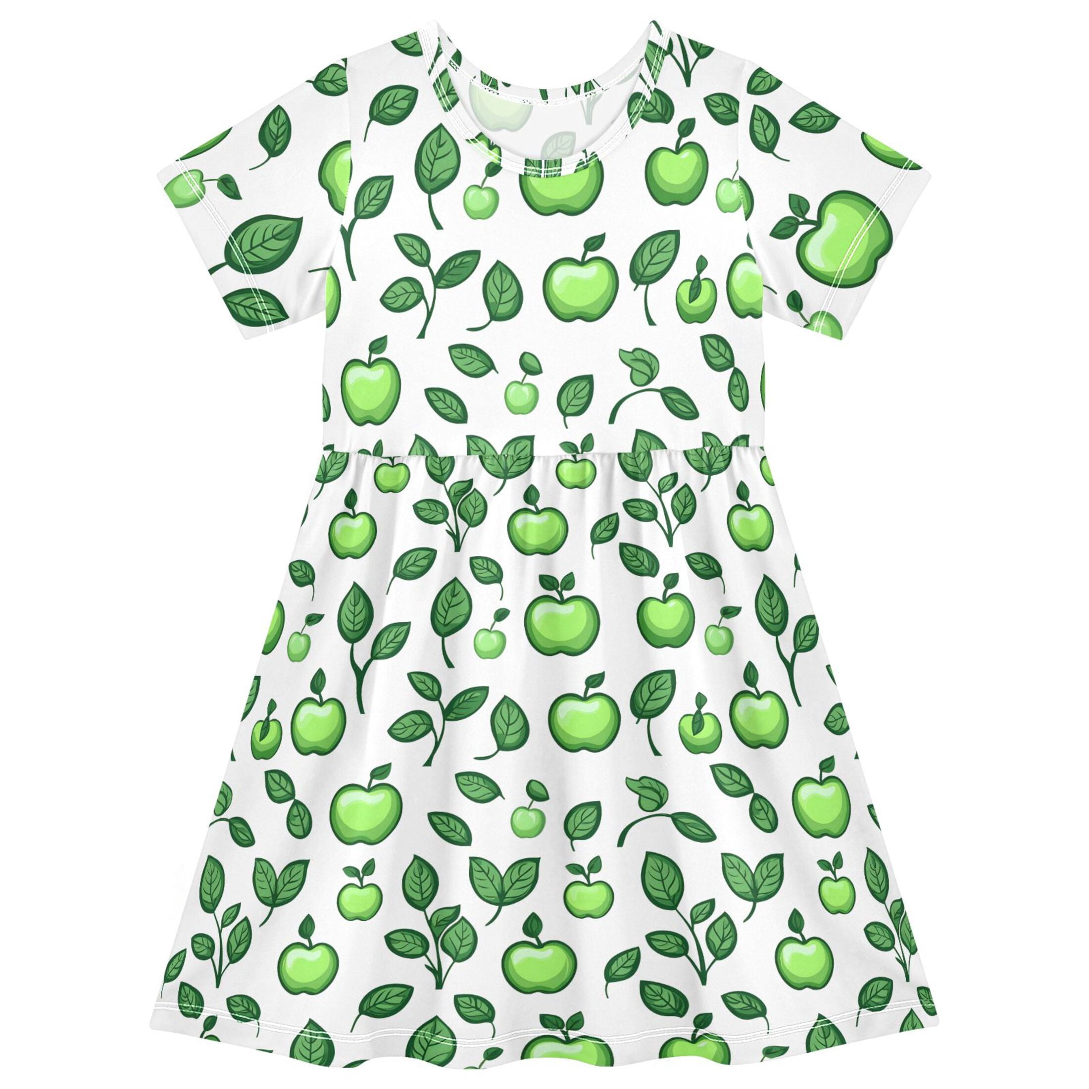 Leaves Tile Apple Short Sleeve Dress A-Line Cute Midi Casual Sundress 2 ...