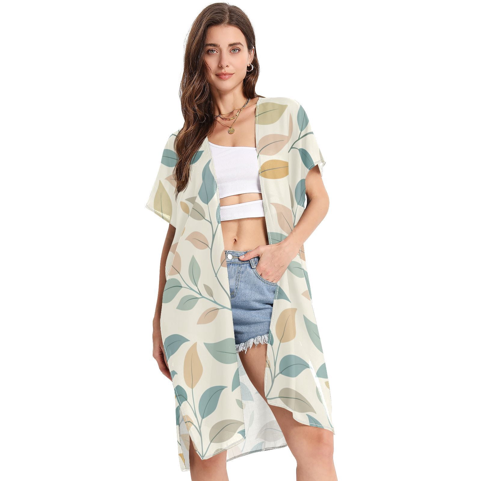 Leaves Vines Women Swimsuit Cover up V Neck Beach Dress Short Sleeve ...