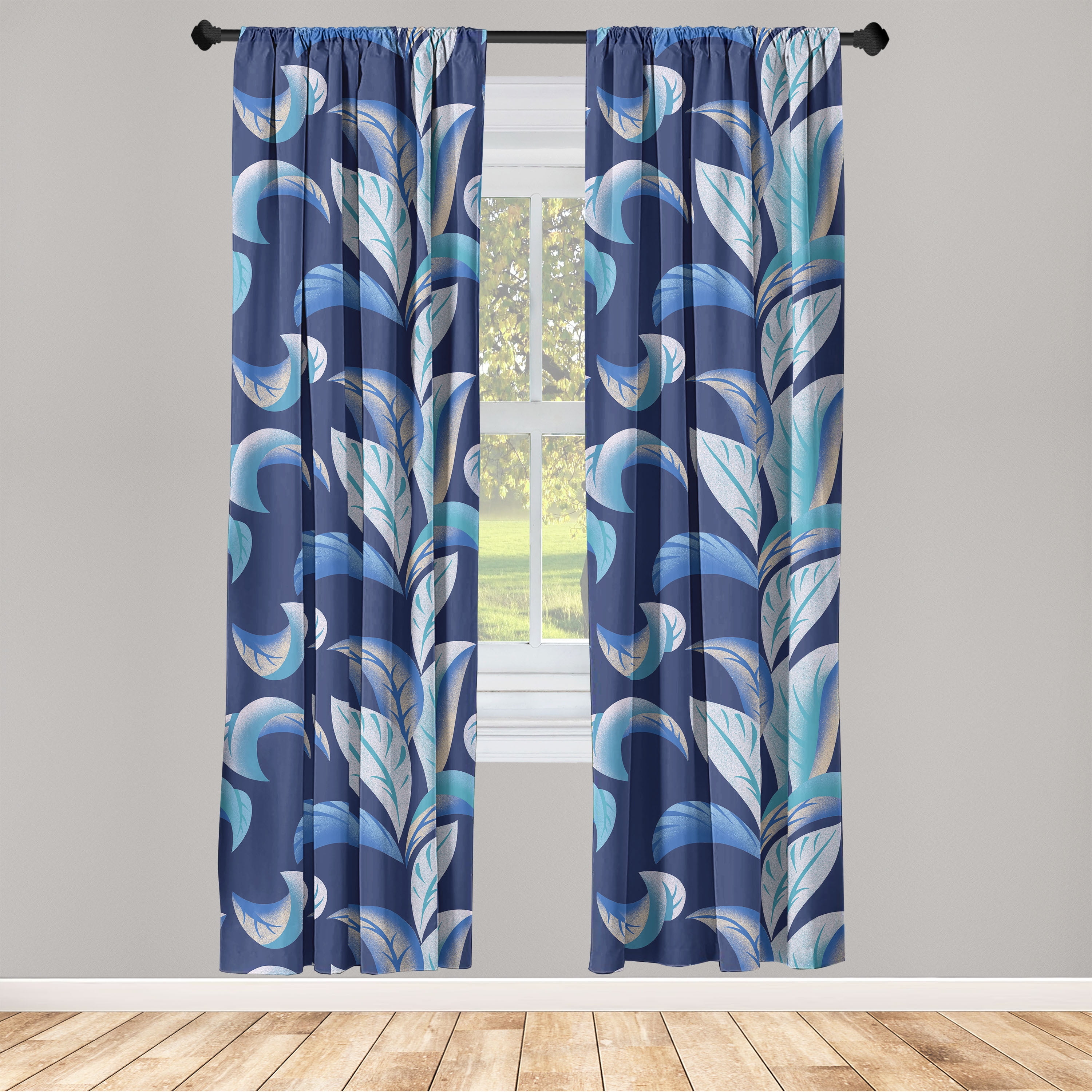 Leaves Window Curtains, Indigo Jungle Boho Vibes Leaf Pattern with ...