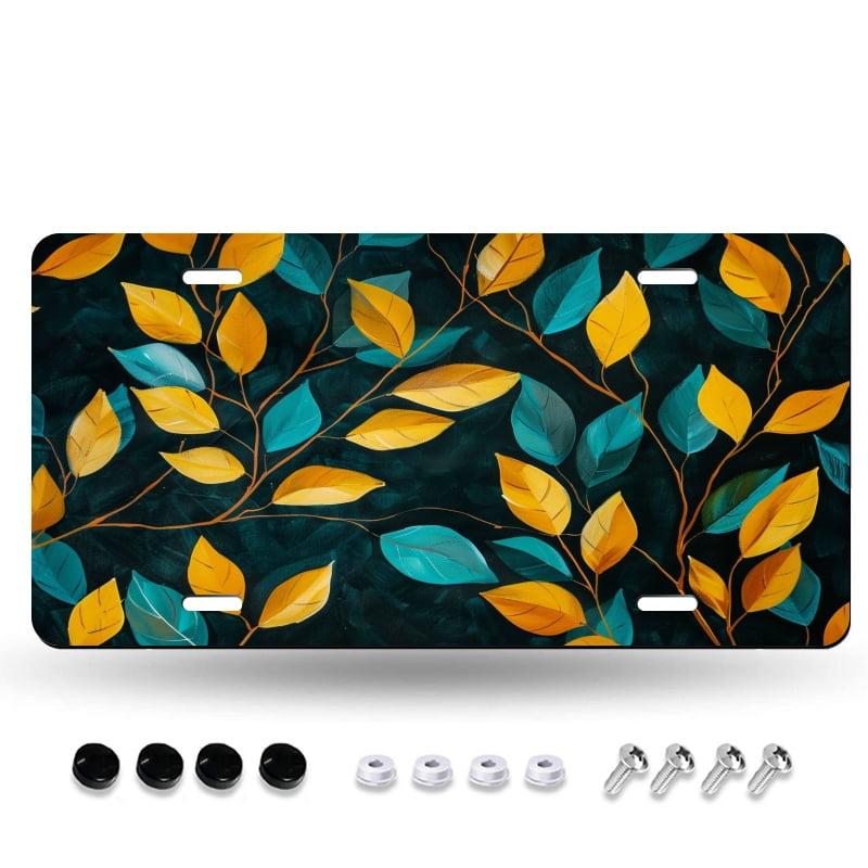 Leaves in Yellow and Teal Painted on Dark Background License Plate ...