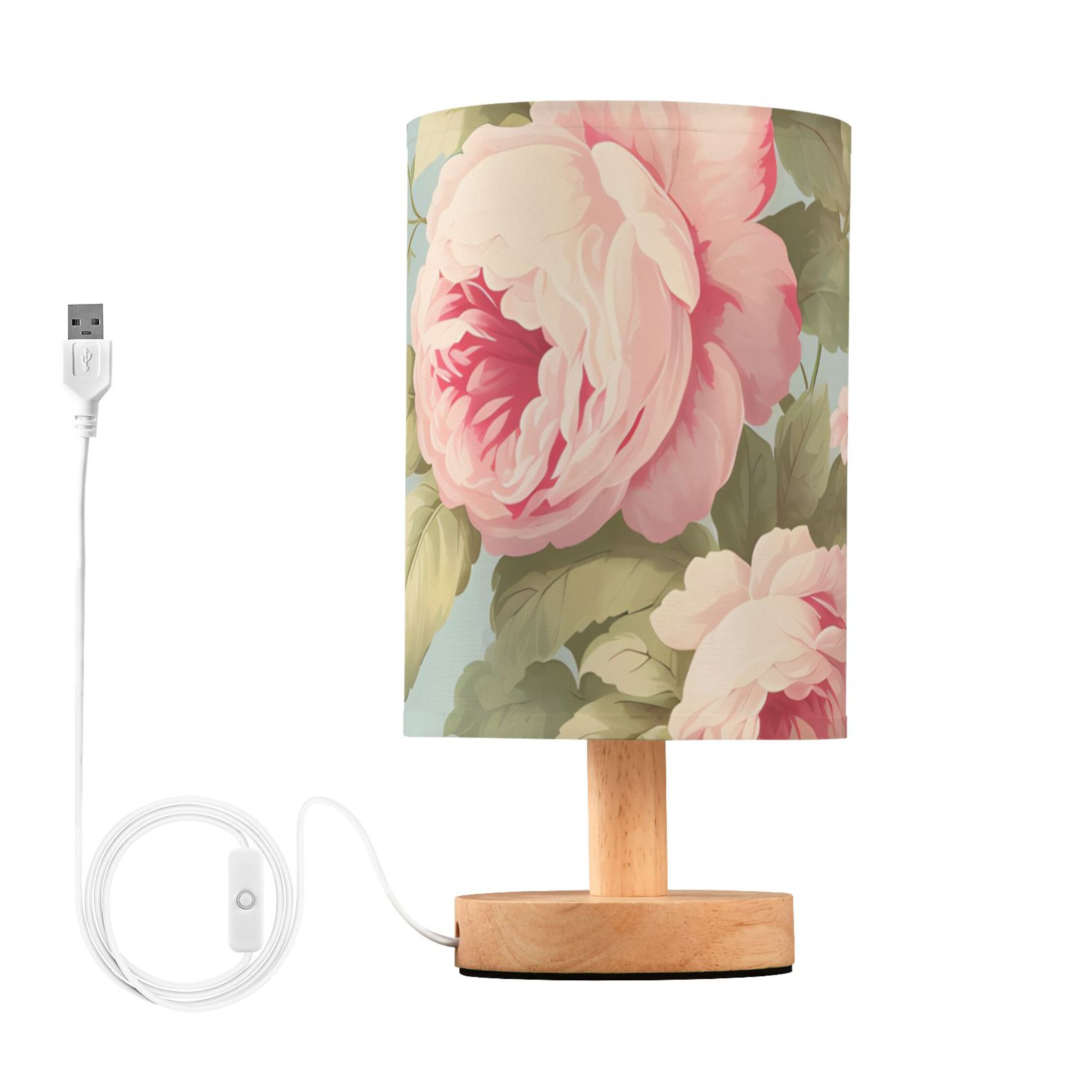 Leaves and Flowers Pink Bedside Table Lamp LED Warm Lights with USB ...
