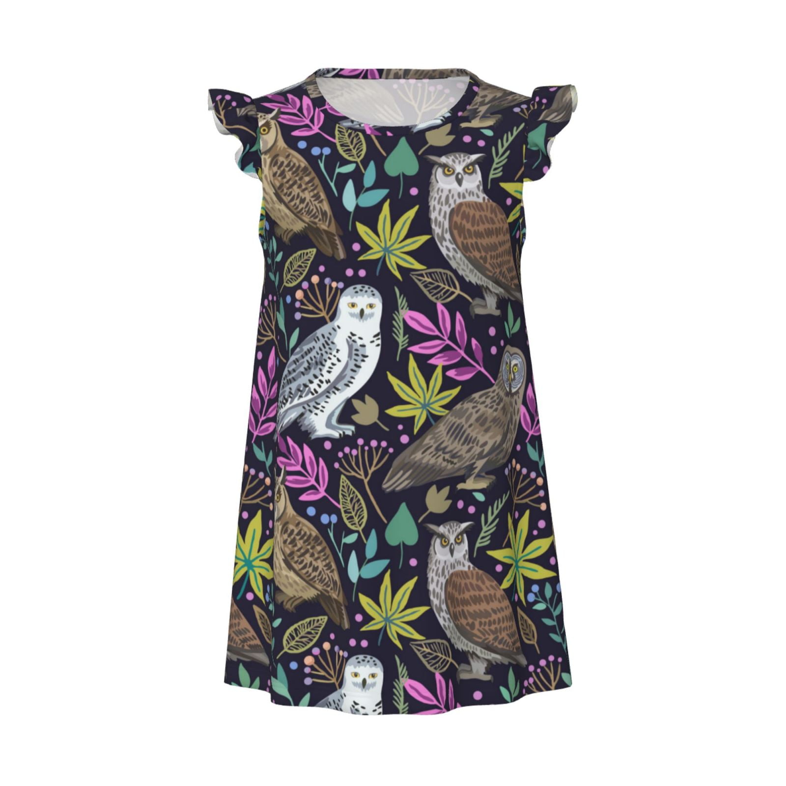 Leaves and Owls Girls Nightgown, Flutter Short Sleeves Night Dress ...