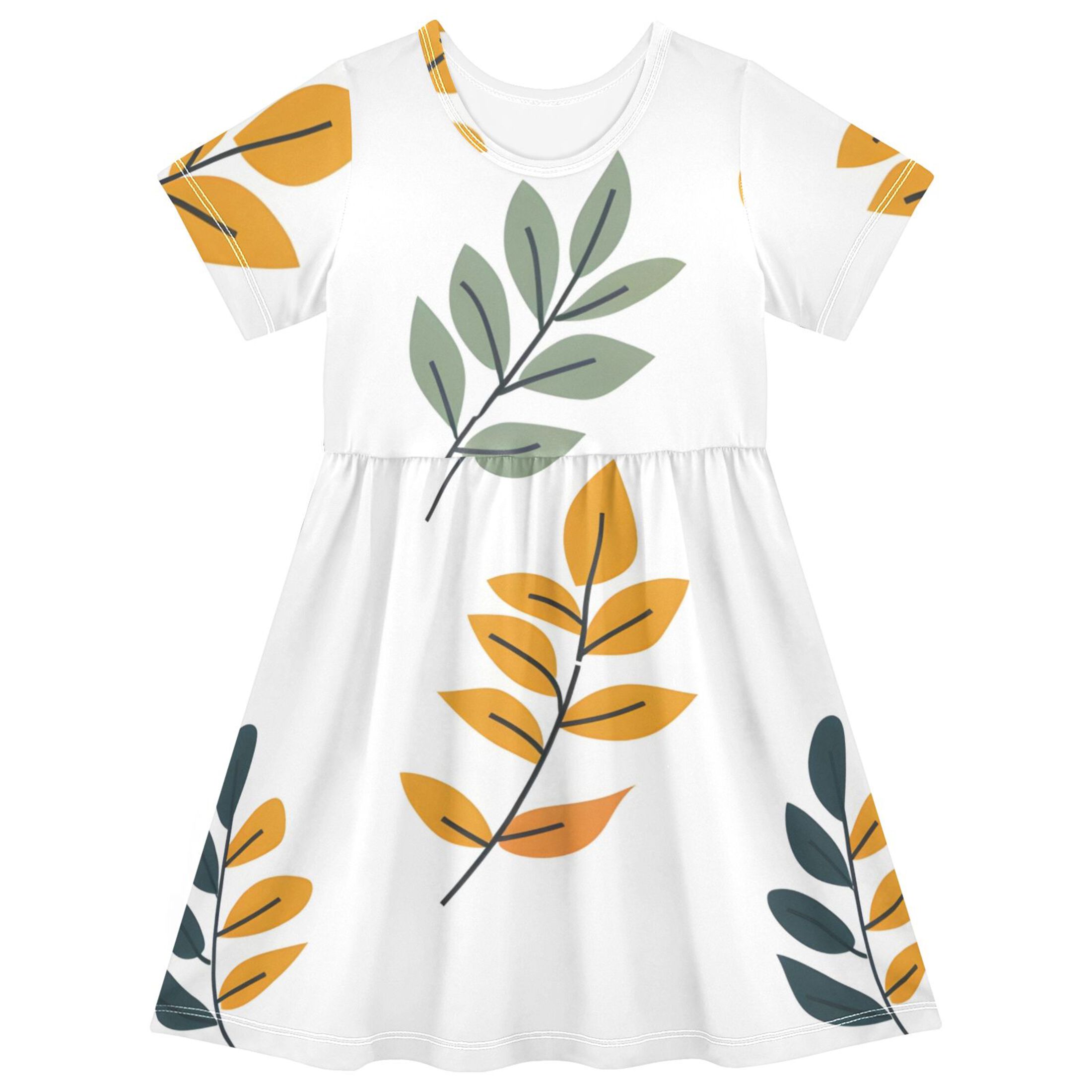 Leaves in Yellow and Green Girls' Short Sleeve Dress A-Line One-Piece ...