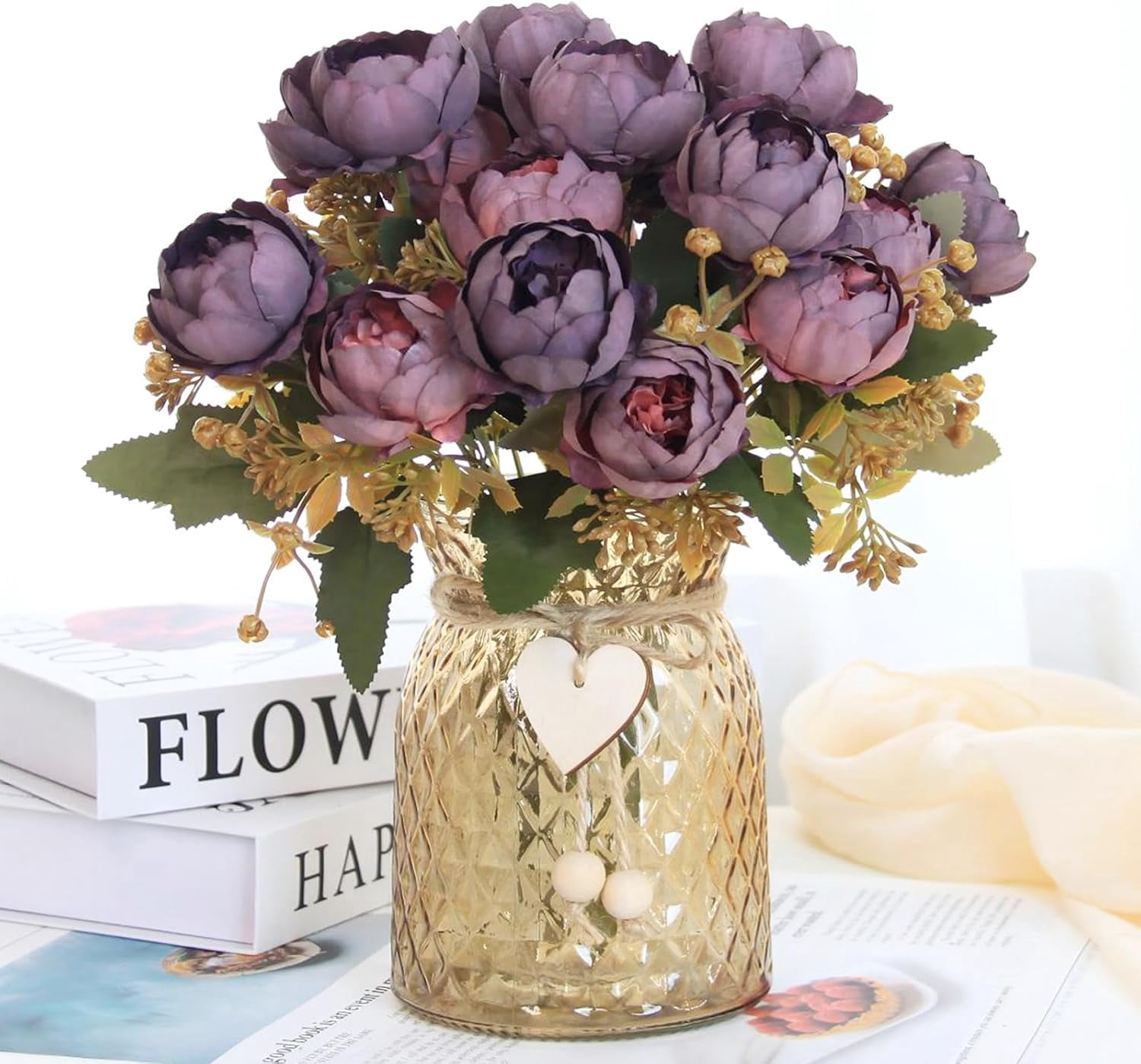 Leayiuvan Fake Flowers in Vase,Fake Flowers with Vase 18 Pcs Faux Rose ...