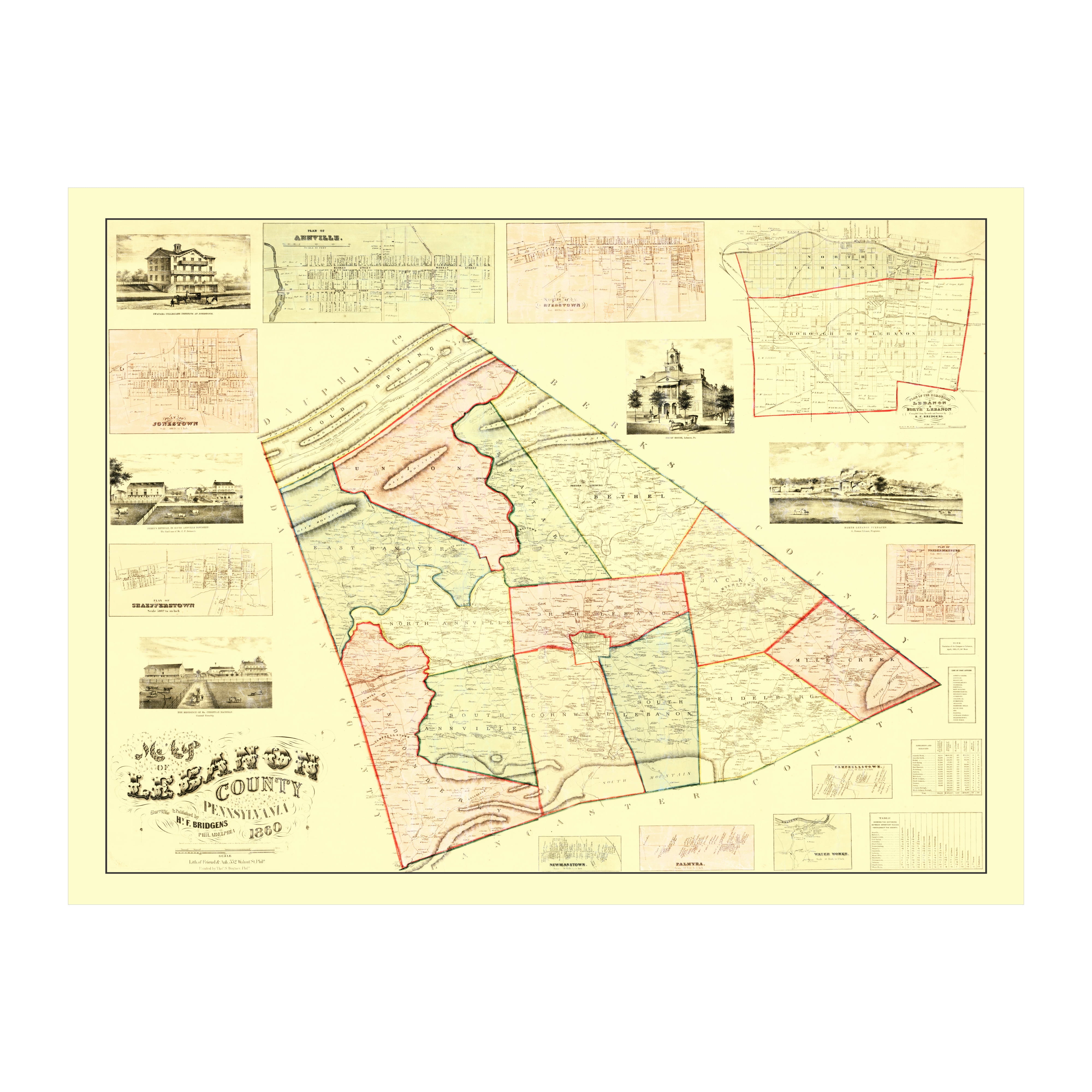 Lebanon County Pennsylvania Art, 1860 Vintage Map of Lebanon County PA ...