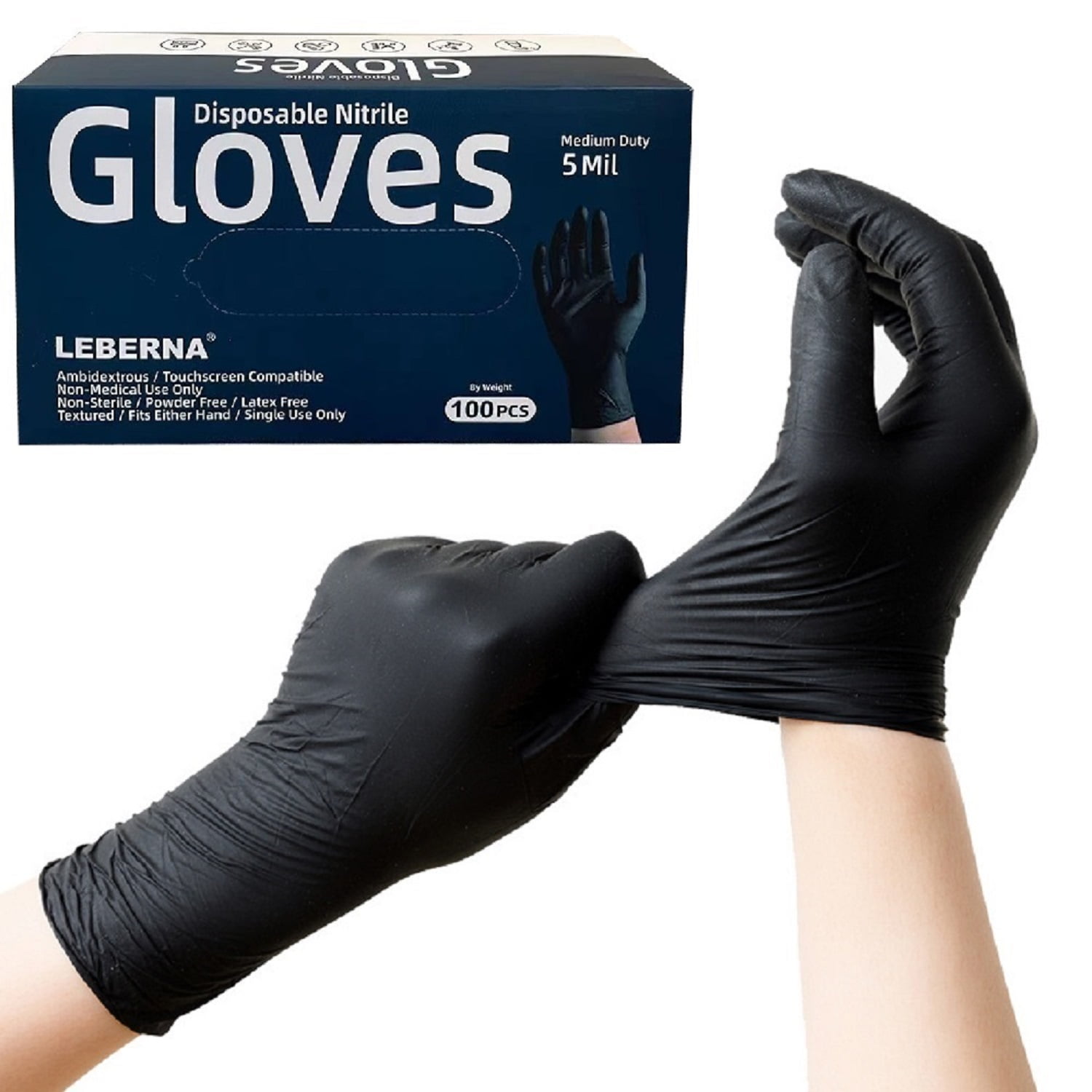 Leberna MEDIUM Box of 100 Black Nitrile Gloves 5 Mil - BBQ Gloves ...