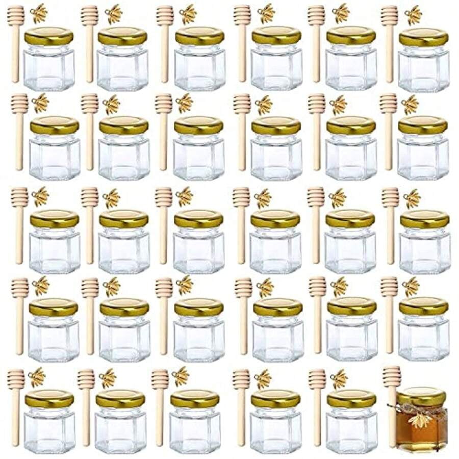 Lechay 1.5 Oz Hexagon Mini Glass Honey Jars -30Pack Honey Jars With Wood Dipper, Gold Lid, Bee ...