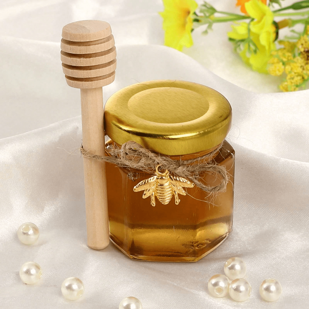 Lechay 1.5 Oz Hexagon Mini Glass Honey Jars -30Pack Honey Jars With Wood Dipper, Gold Lid, Bee ...
