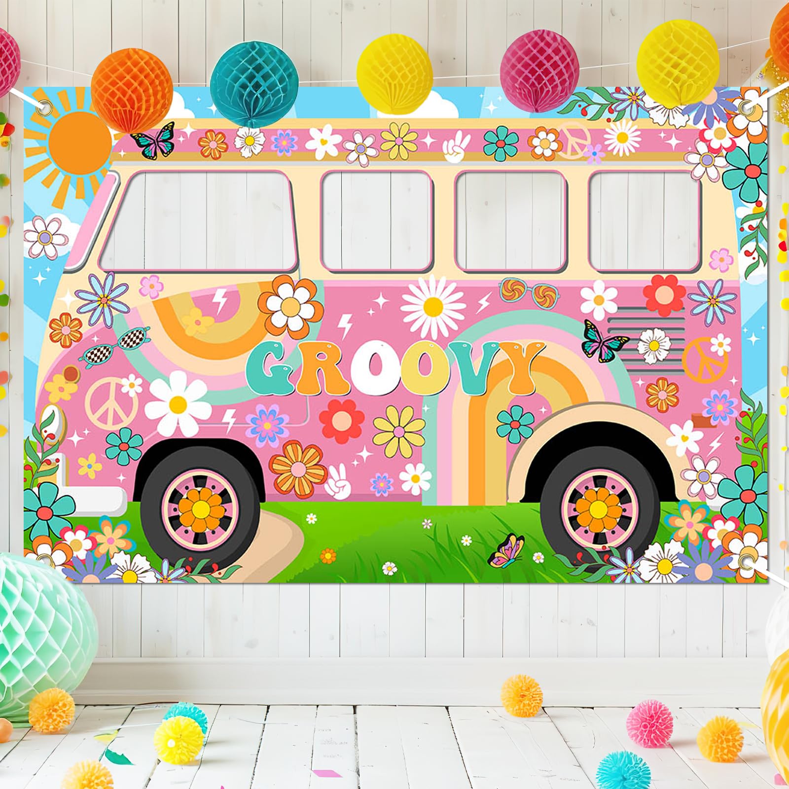 Lecheme Hippie Party Decorations Groovy Bus Banner 60s Daisy Backdrop ...