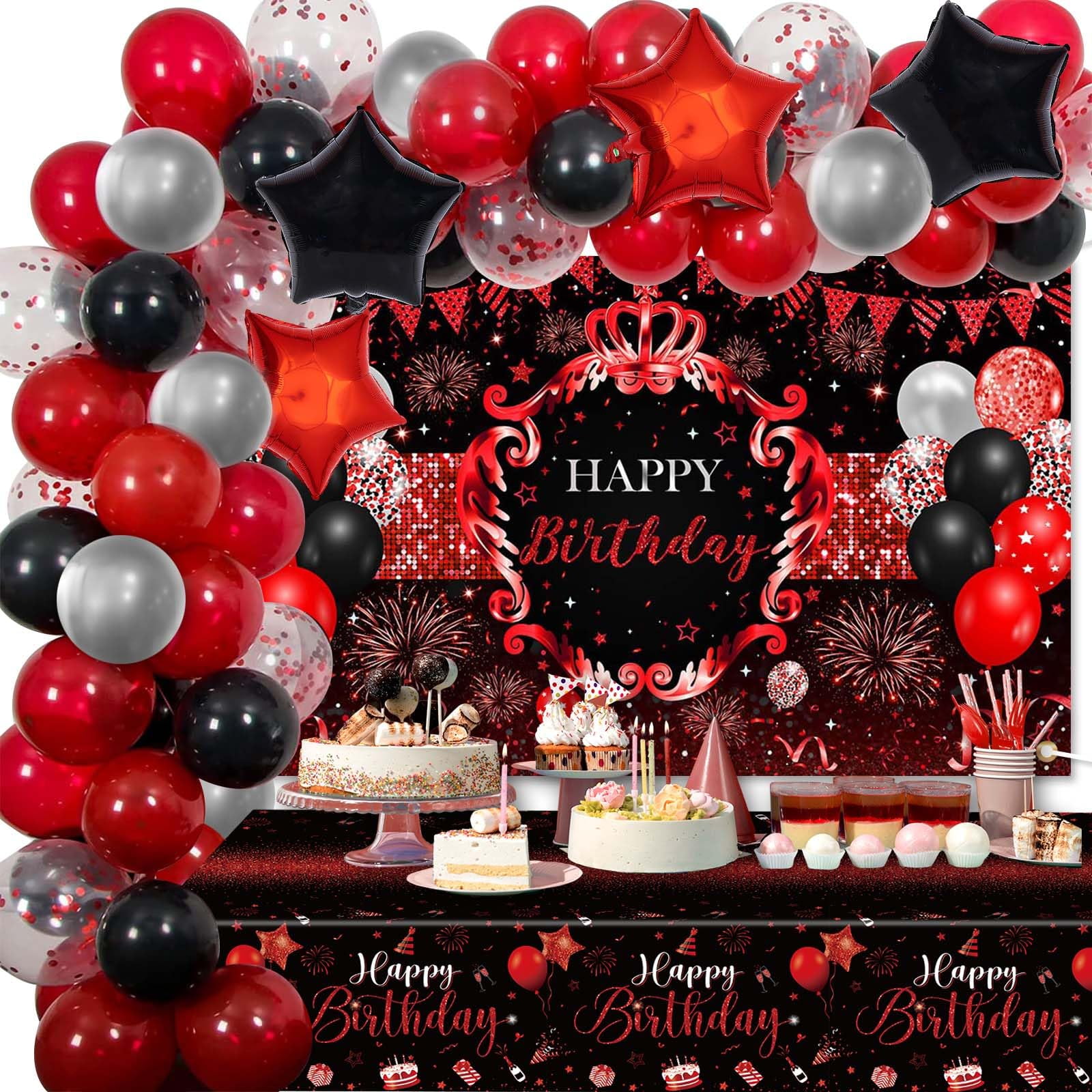 Lecheme Red and Black Birthday Decorations KKS1 Happy Birthday Backdrop ...