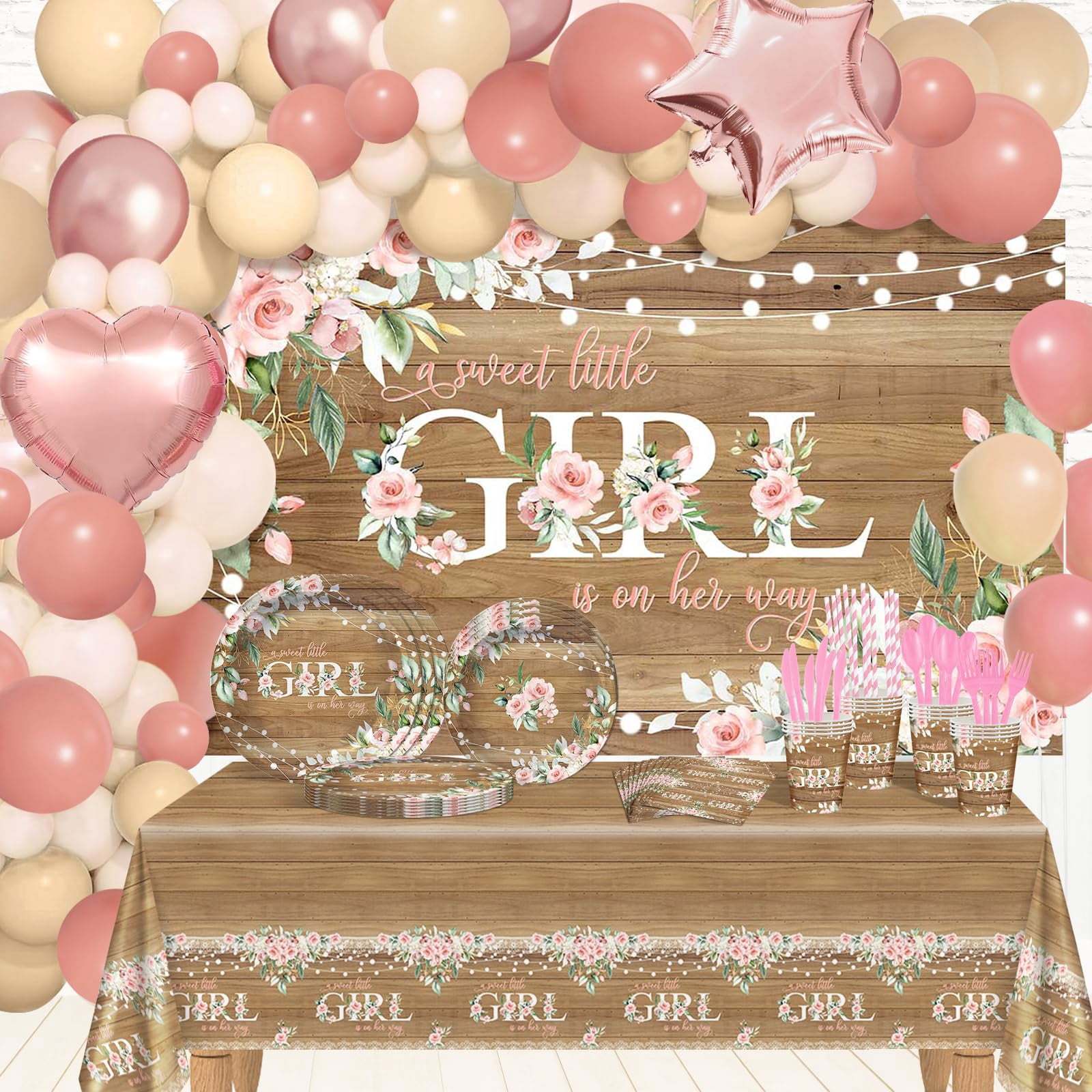 Lecheme Rustic Baby Shower Decorations 200 PCS Pink Flower Baby Shower ...