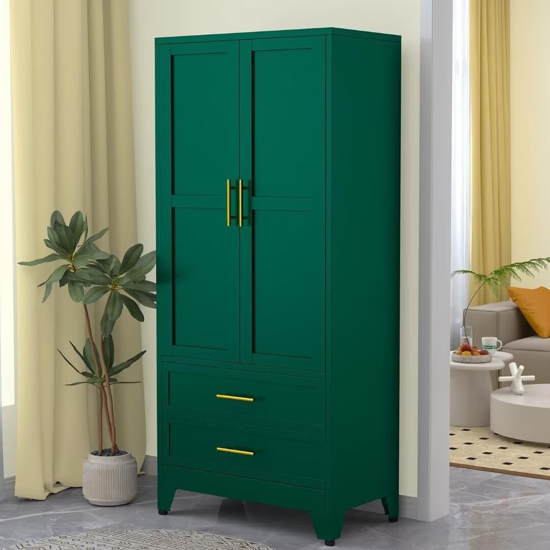 Lecut 2 Doors 2 Drawers 71 Inch Tall Armoire Wardrobe Closet Adjustable Shelf Green
