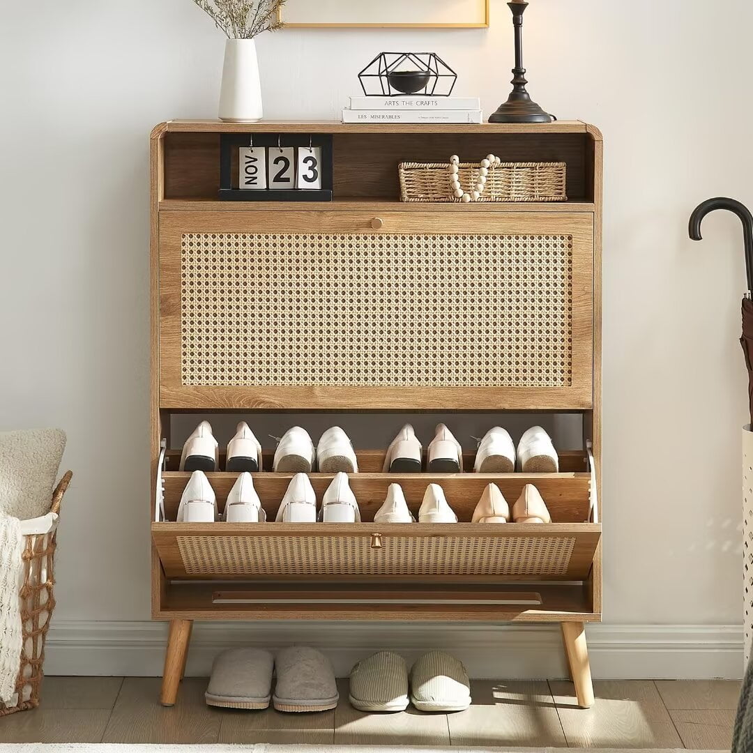 Lecut Rattan Shoe Cabinet with 2 Flip Drawers, 16 Pairs Shoe Storage ...