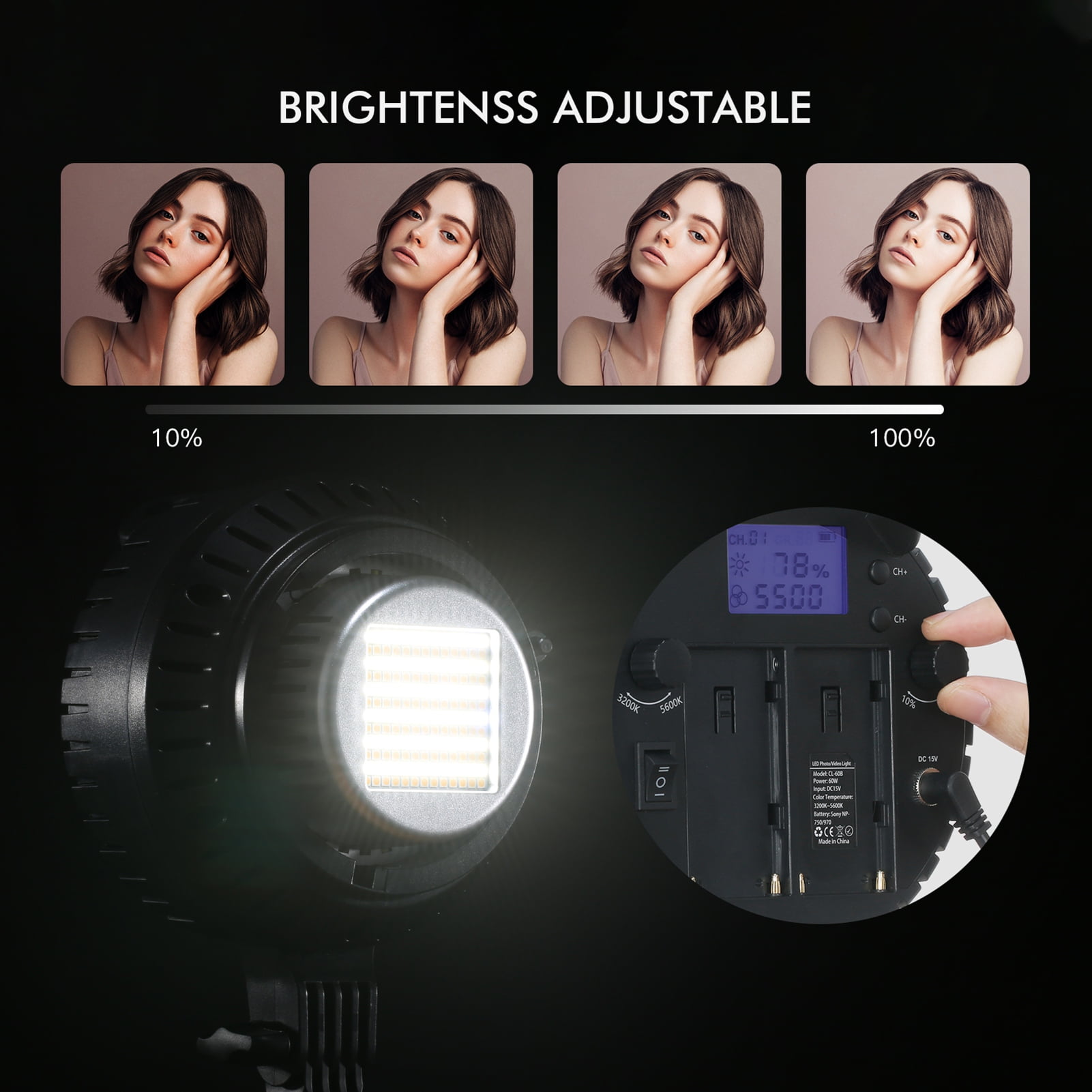 Led 60W Professional Studio Light LED Video Light Bi-Color Temperature 3200K-5600K With Mount ...