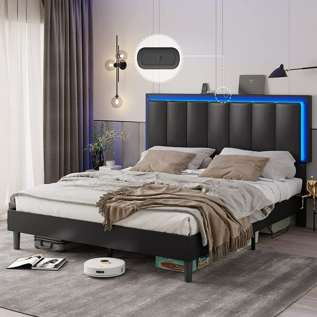 Walmart LED Full Size Bed Frame with USB, Adjustable Headboard & RGB ...