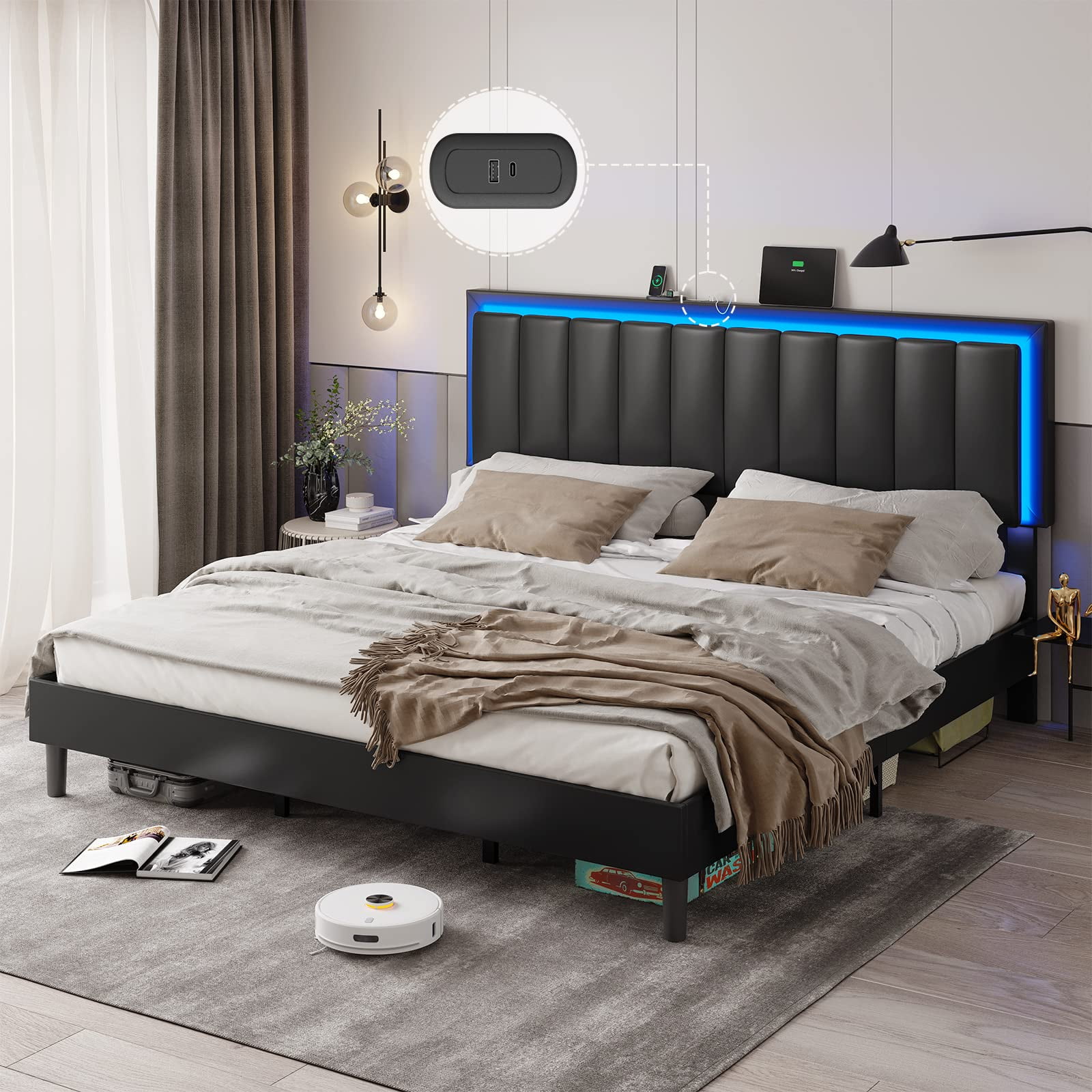 King Size LED Bed Frame with USB, Adjustable Headboard, Faux Leather ...