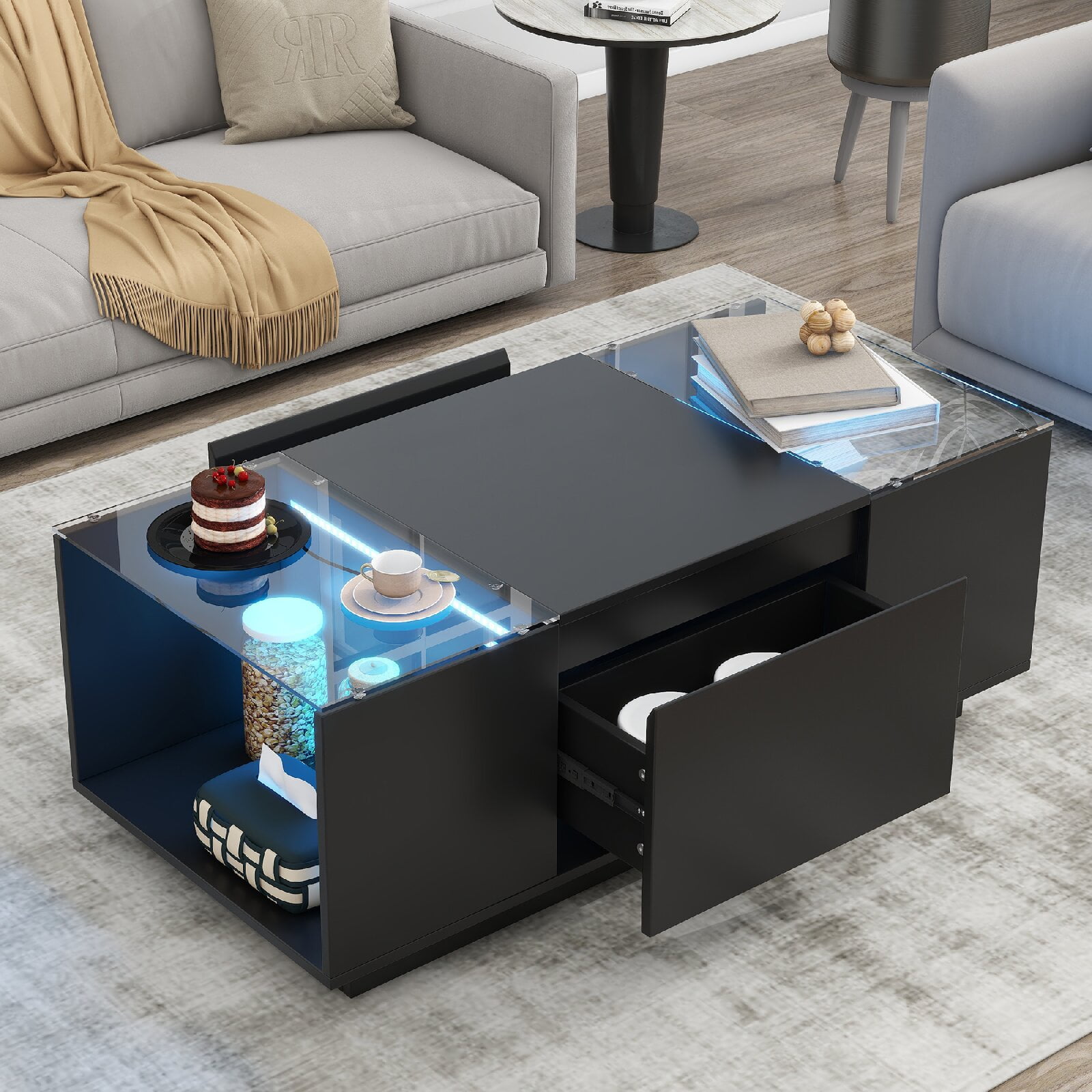 Led Coffee Table, Modern Center Table with High-Gloss Finish and Glass ...