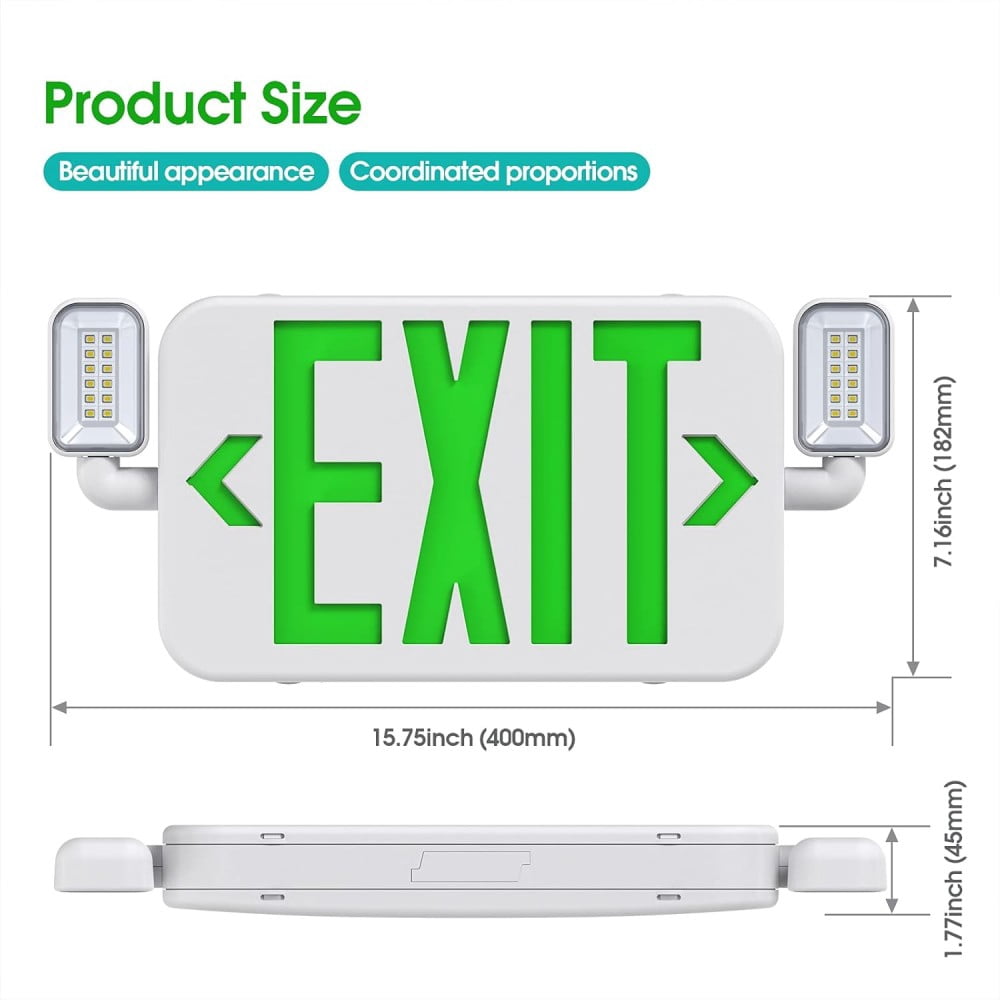 Led Combo Emergency Exit Sign Light with Two Adjustable Head Lights and ...