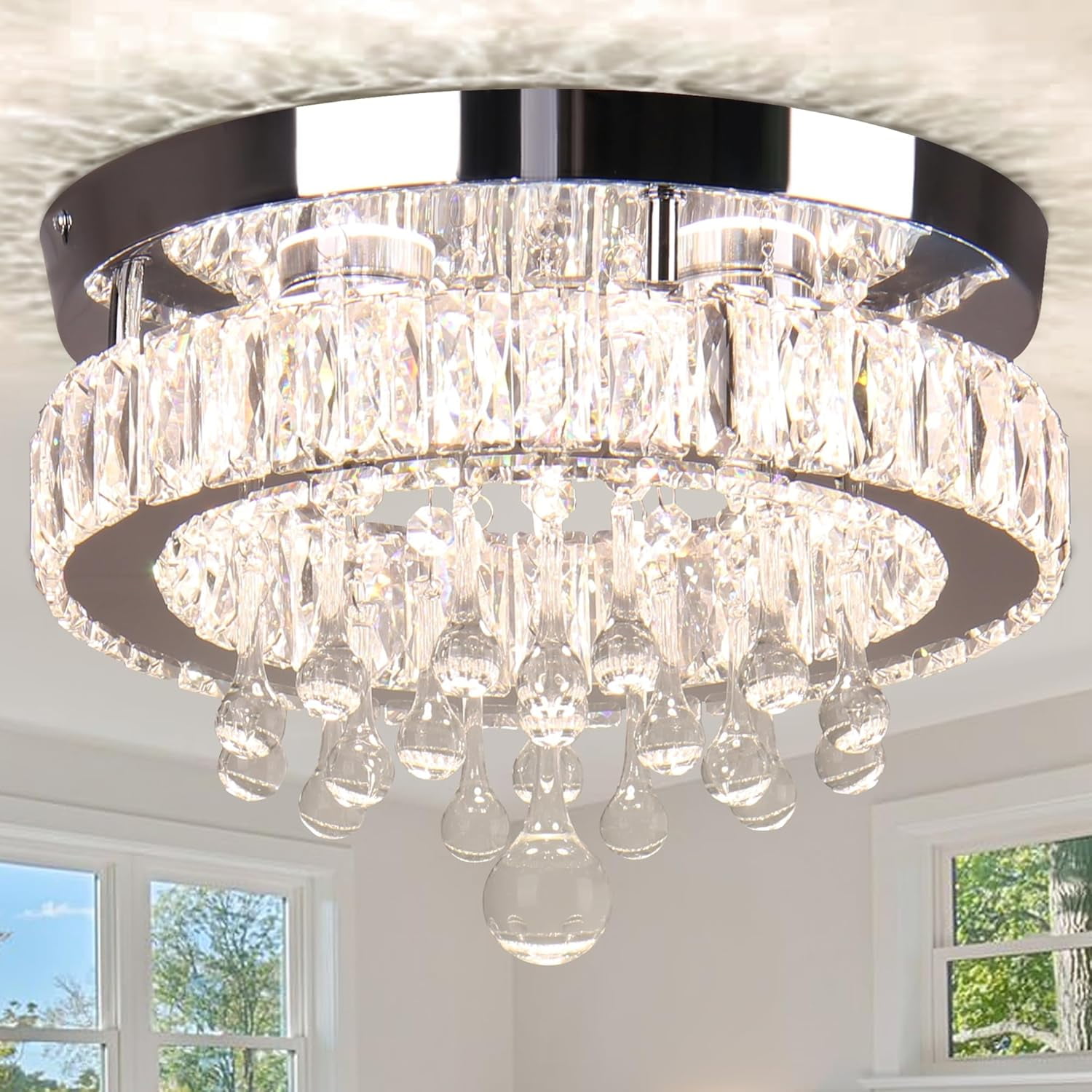 Led Crystal Raindrop Ceiling Light,11.8" Flush Mount Chandelier Light ...