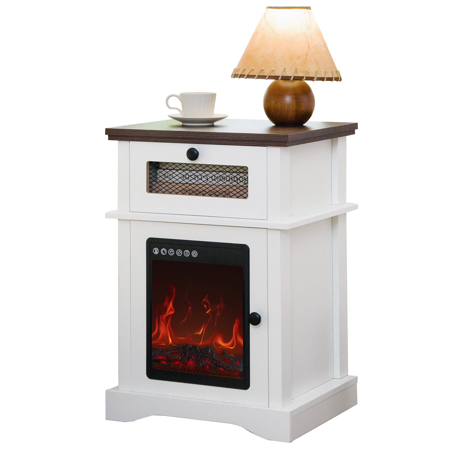 Led Fireplace Nightstand with Drawer,Adjustable Light Bedside Table for ...