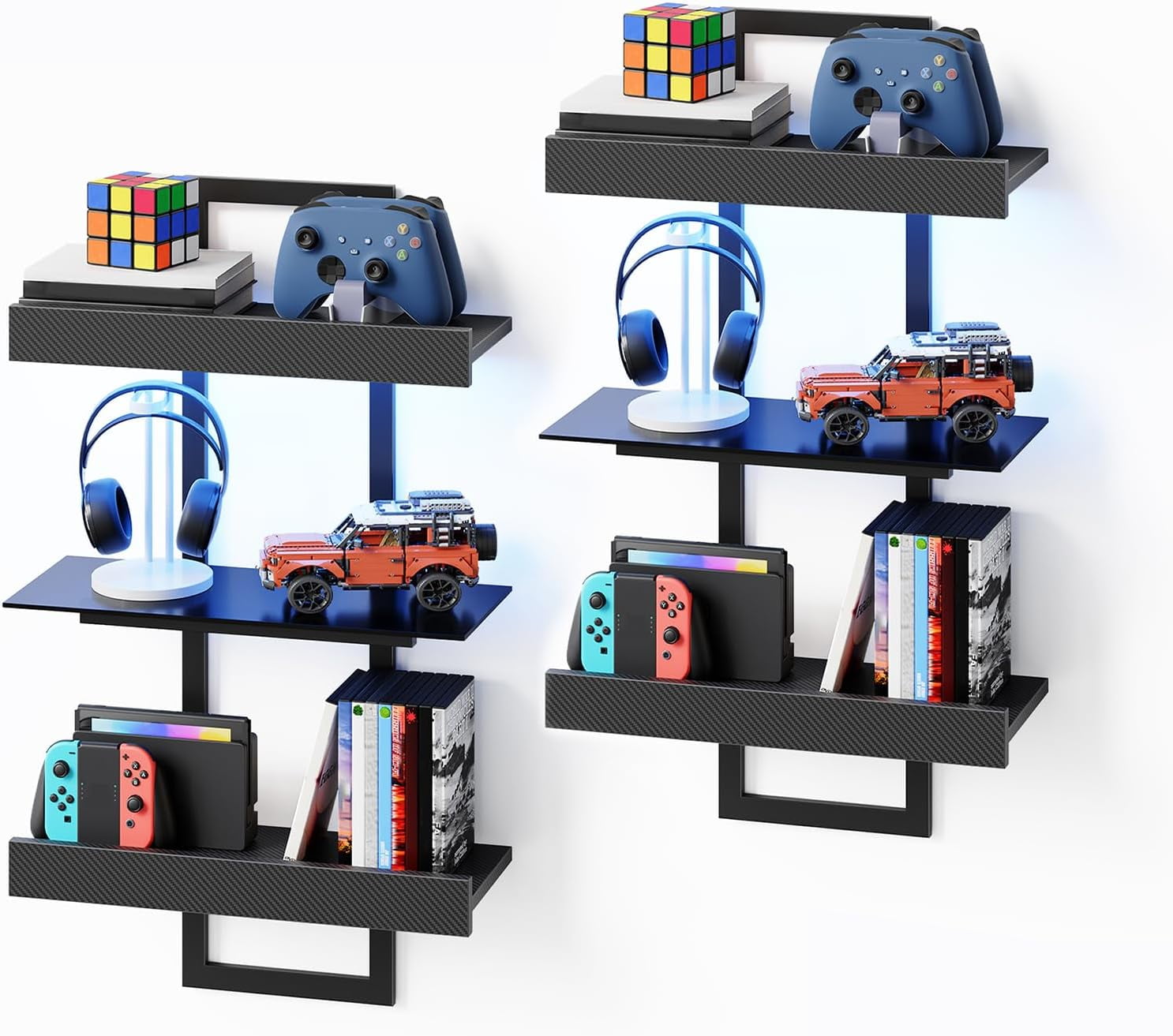 Led Gaming Floating Shelves Set of 2, 3-Tier Wall Mounted Shelf ...